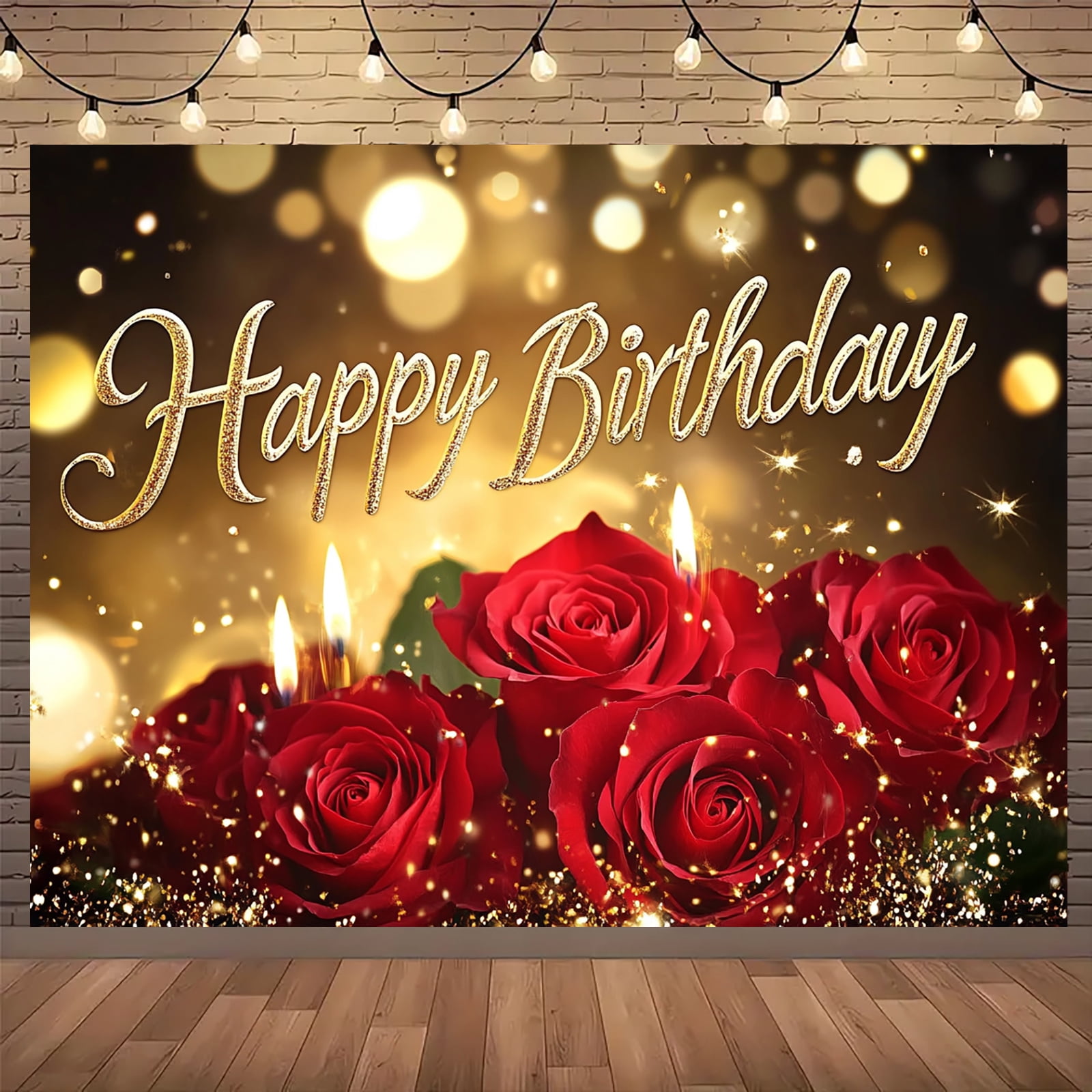 Elegant Rose & Golden Happy Birthday Party Backdrop - Polyester ...