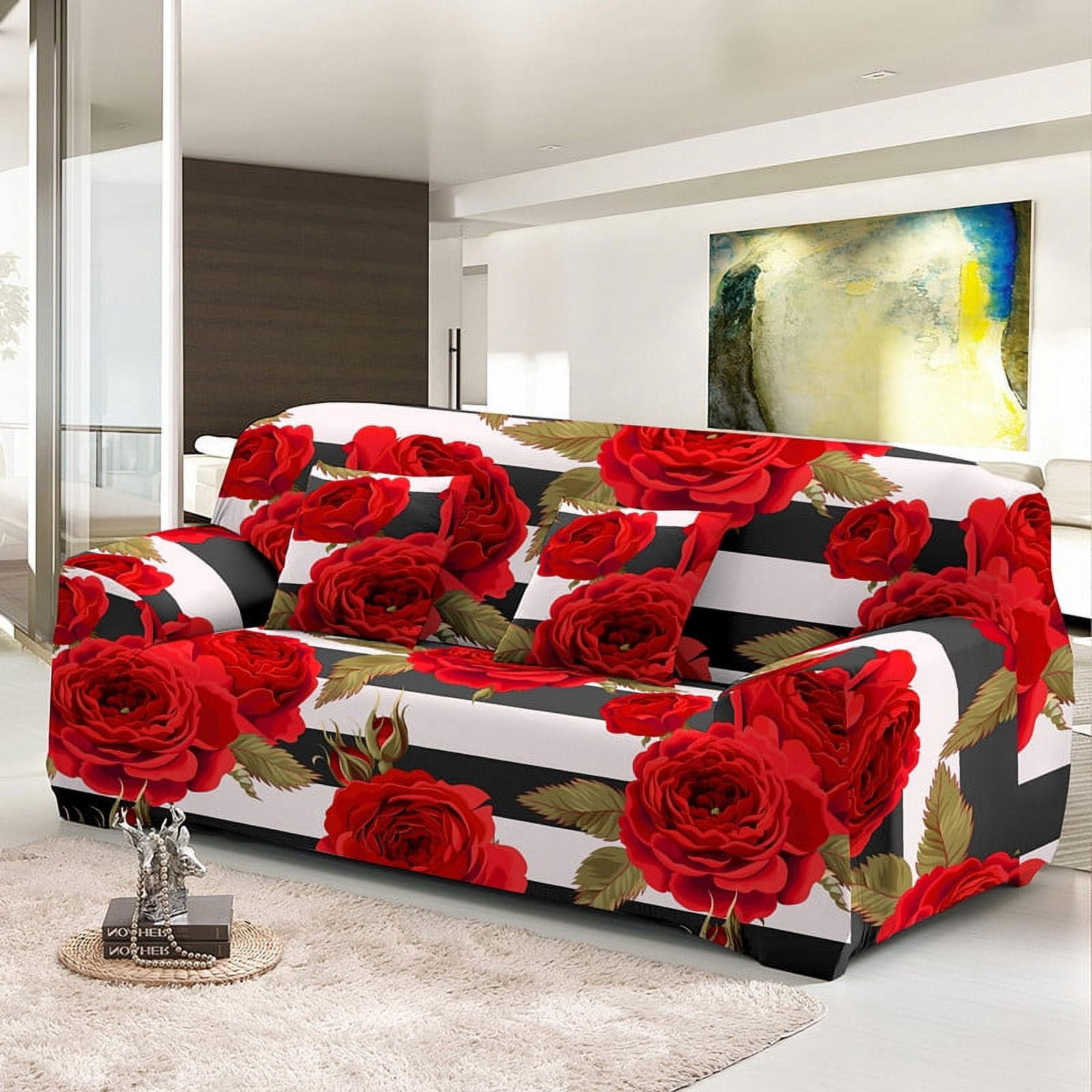 Elegant Rose Print Elastic Sofa Covers Corner Couch Cover For Living ...