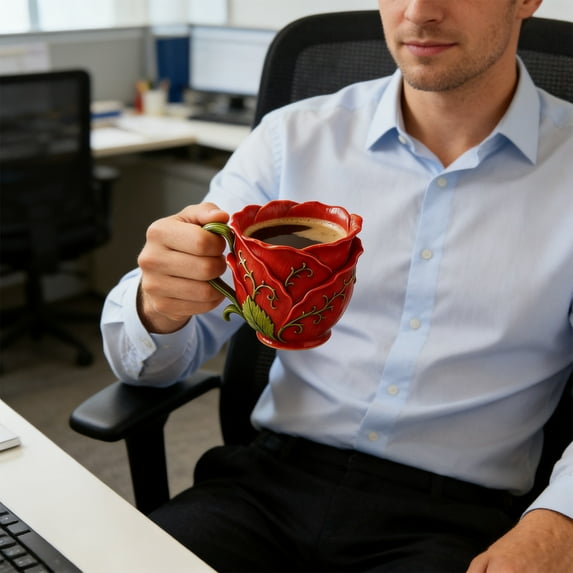 Elegant Rose Shaped Resin Mug with Green Handle, Floral Sculpture ...