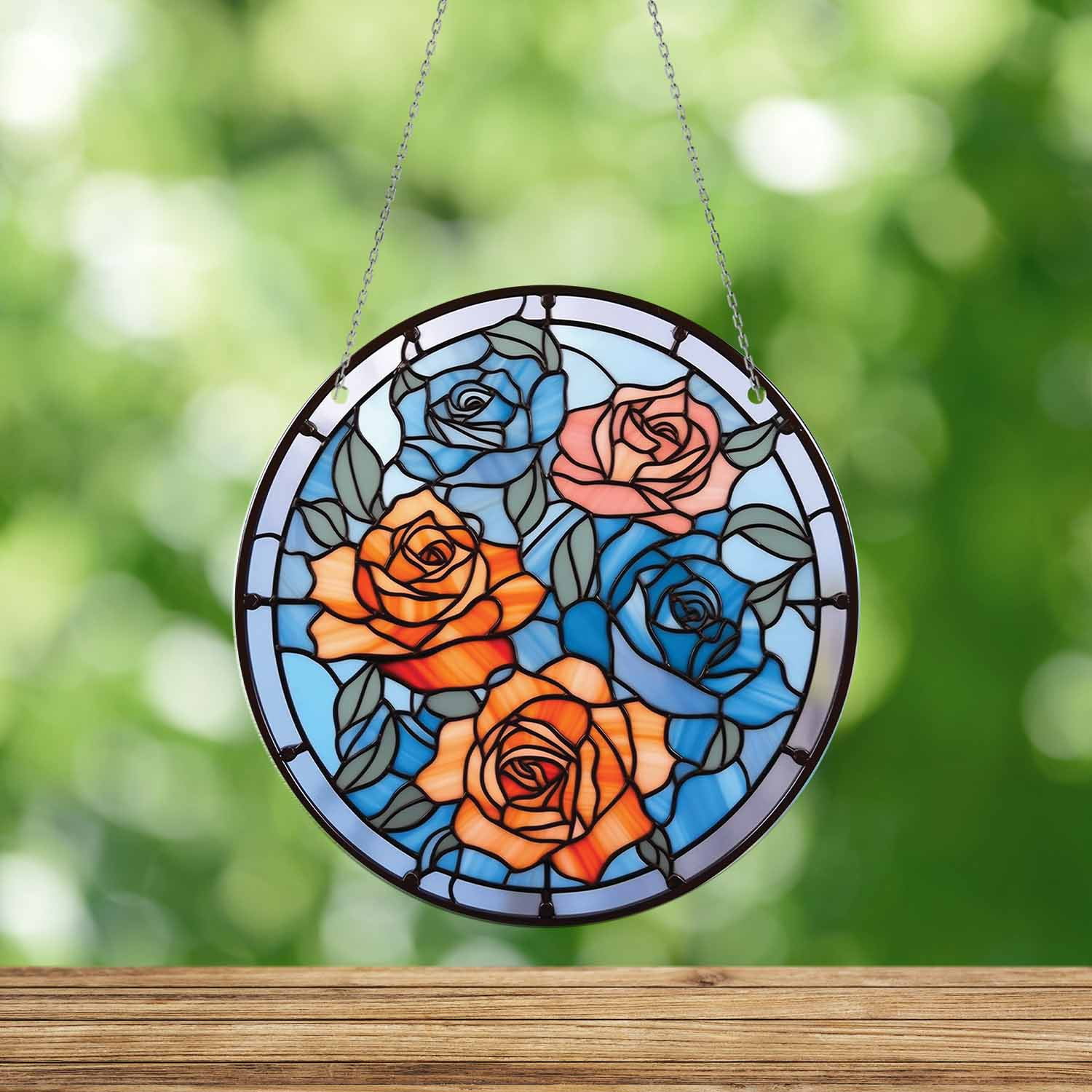 Elegant Roses Acrylic Window Hanging, Stained Glass Style, Perfect for ...