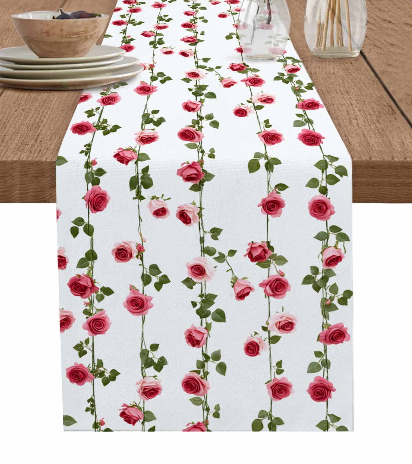 Elegant Roses Burlap Cotton Table Runner 13x60 Inches Long, Pastoral ...