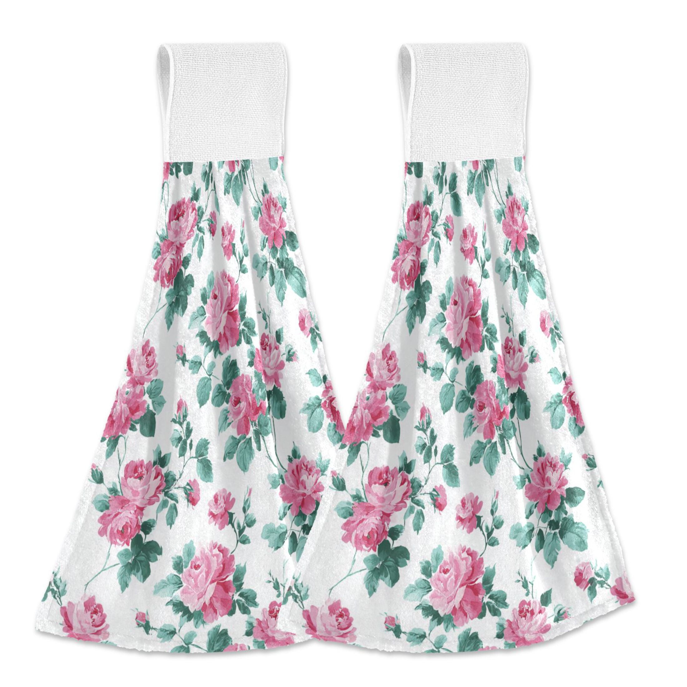 Elegant Roses Pink Leaves Hanging Towels with Loop Hand Towels Nylon ...