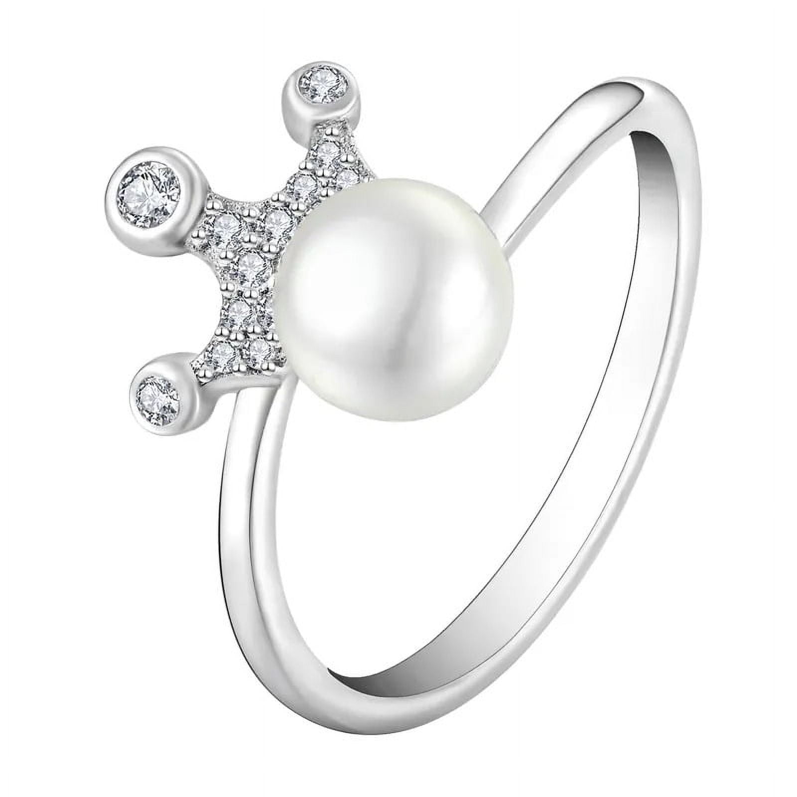 Elegant Round Button Natural Pearl & Lab-Created Diamond Crown Ring in ...