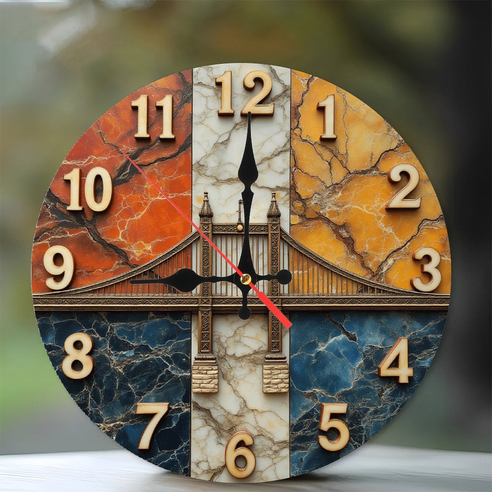 Elegant Round Marble Wall Clock with Bridge Design 10-Inch Silent ...