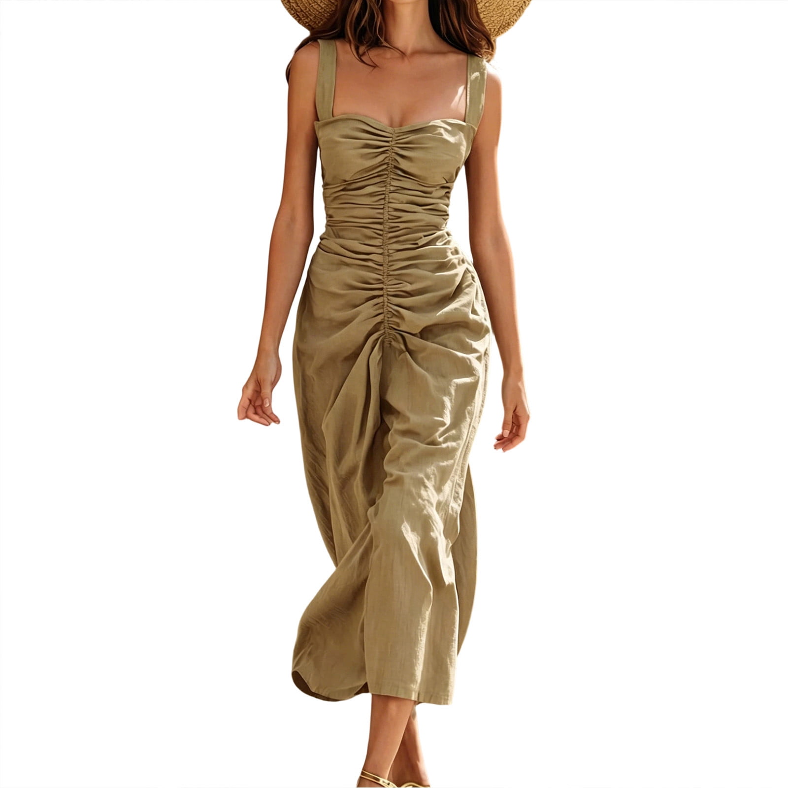 Elegant Ruched Maxi Dress for Women Summer Square Neck Sleeveless Sexy ...