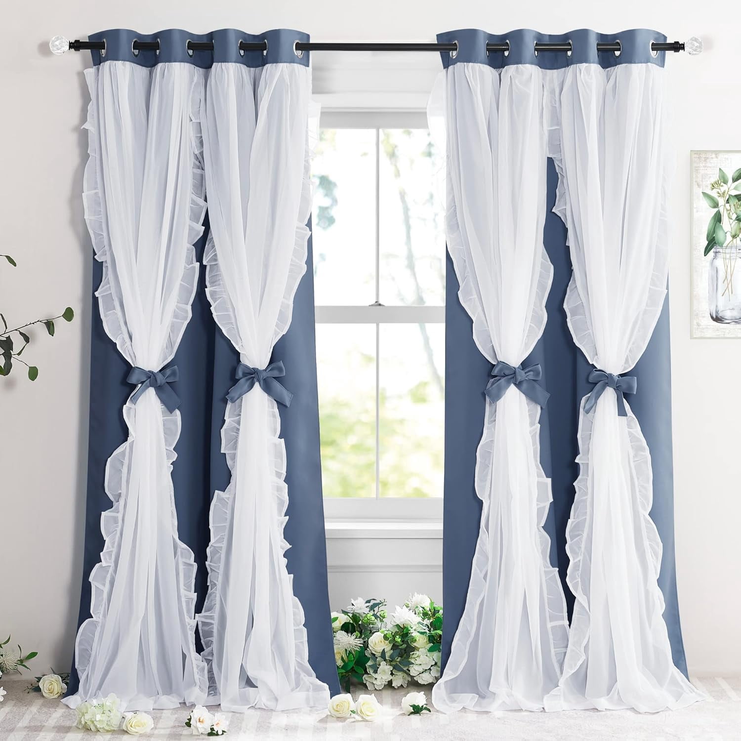 Elegant Ruffle Curtains with Double Layers and Sheer Overlay for French ...