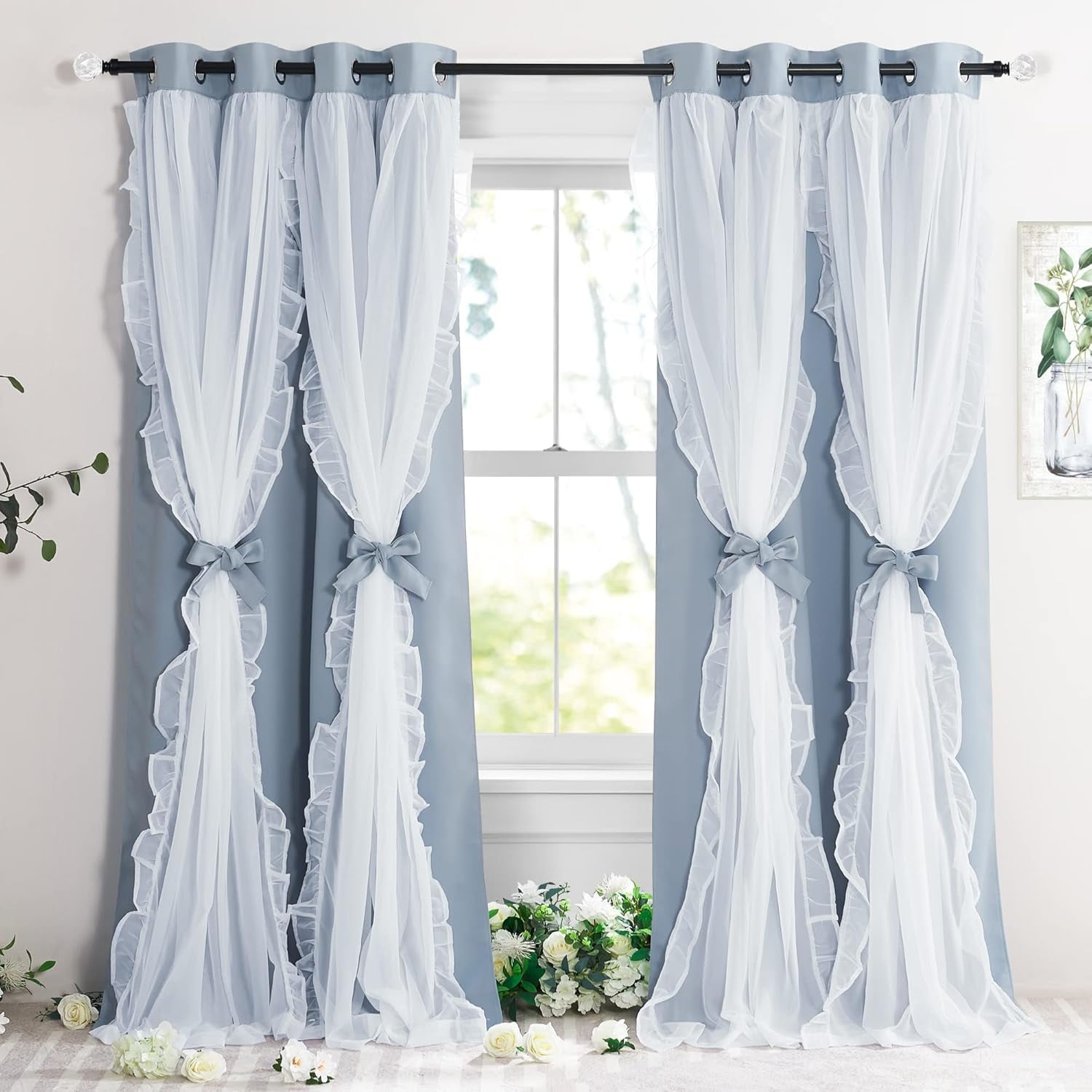 Elegant Ruffle Curtains with Double Layers and Sheer Overlay for French ...