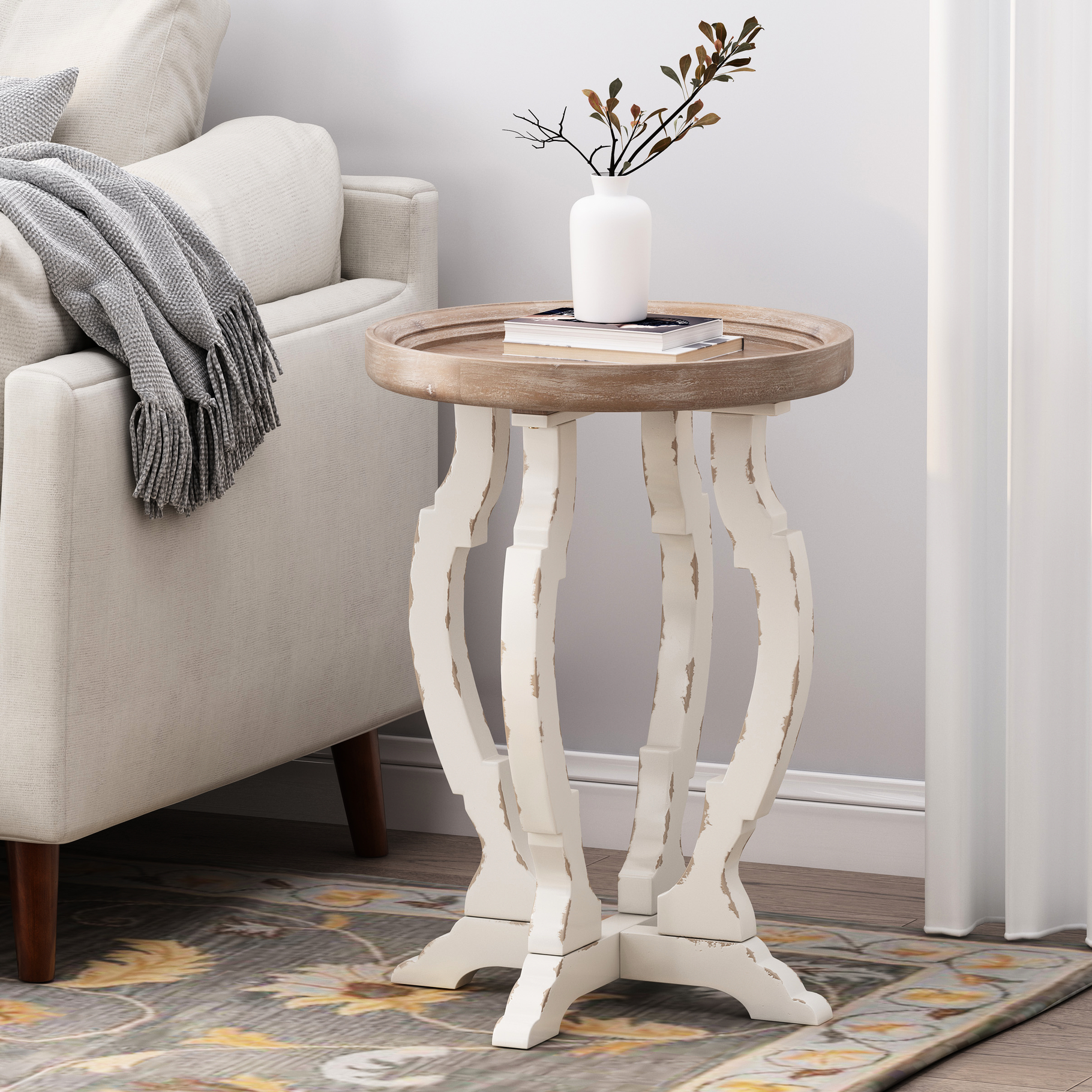 Elegant Rustic Accent Table - Faux Wood, Lipped Round Tabletop ...