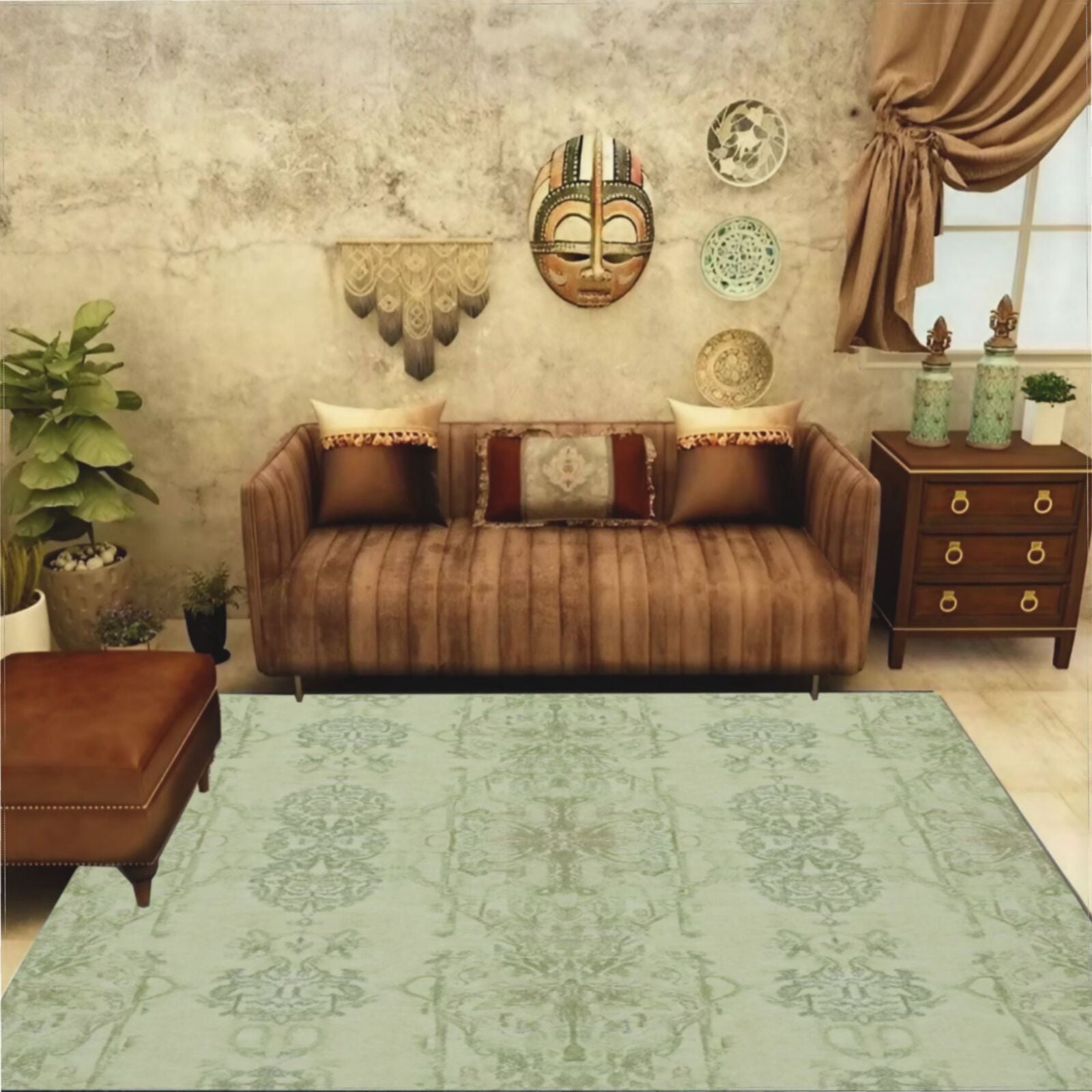 Elegant Sage Green Damask Pattern Living Room ration Nordic Carpets ...