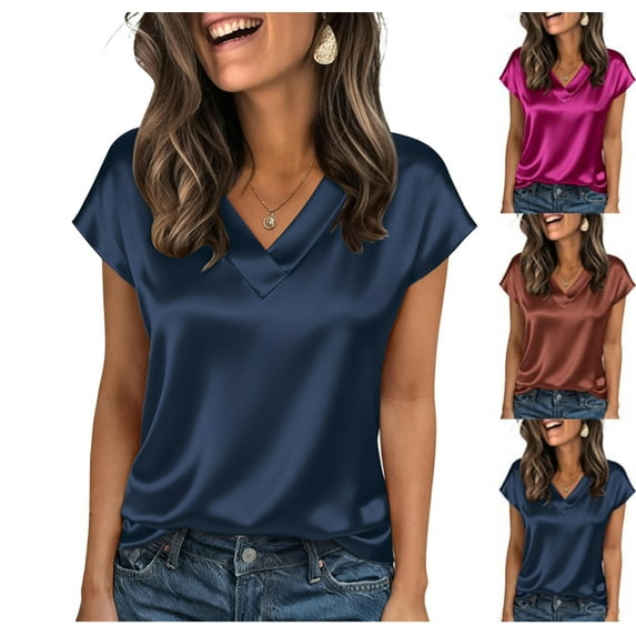 Elegant Satin Blouse for Women - V-Neck Cap Sleeve Business Top ...