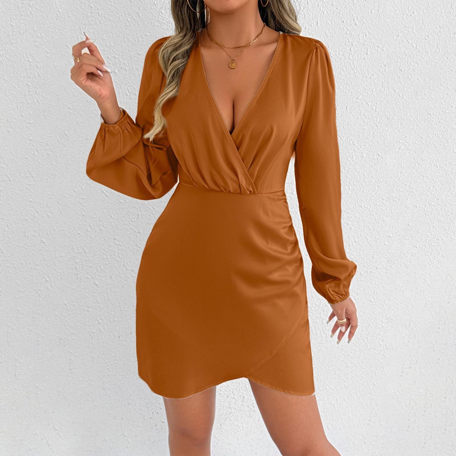Elegant Satin Mini Dress for Women Fashion V-Neck Long Sleeve Cocktail ...