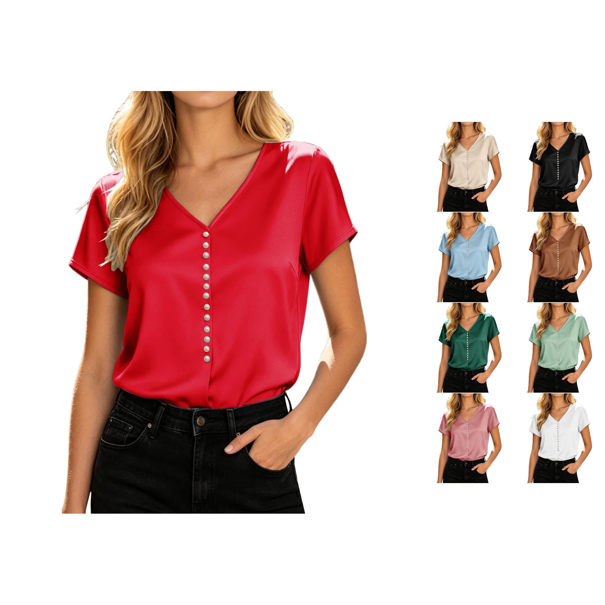 Elegant Satin Pearl Trim Short Sleeve Blouse for Casual Summer Wear for ...