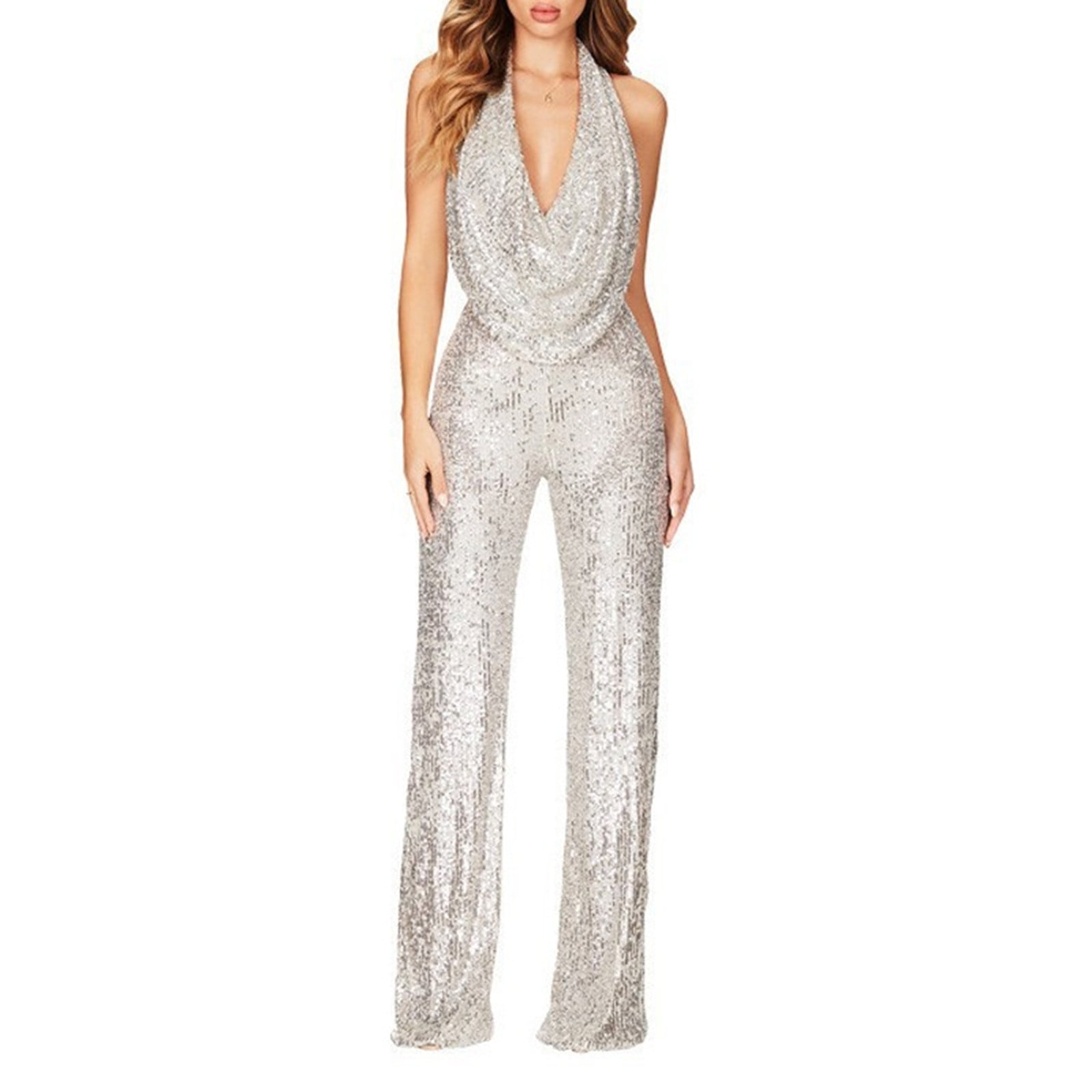 Elegant Sequin Jumpsuit Women's Formal Dress Sleeveless Neck Business ...
