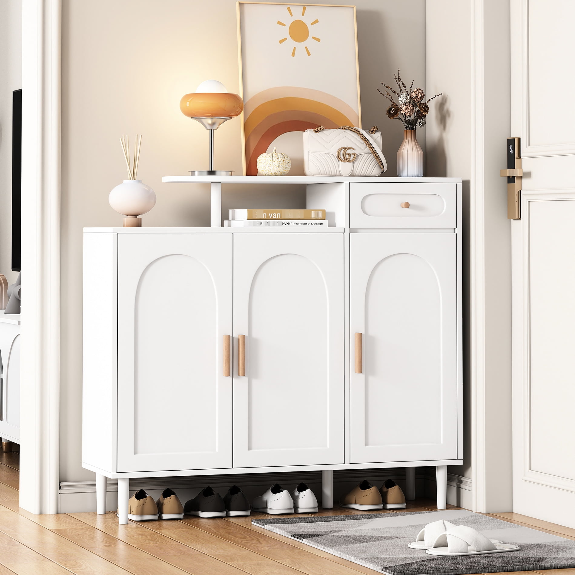 Elegant Shoe Cabinet With Arched Doors And Adjustable Shelves, White ...
