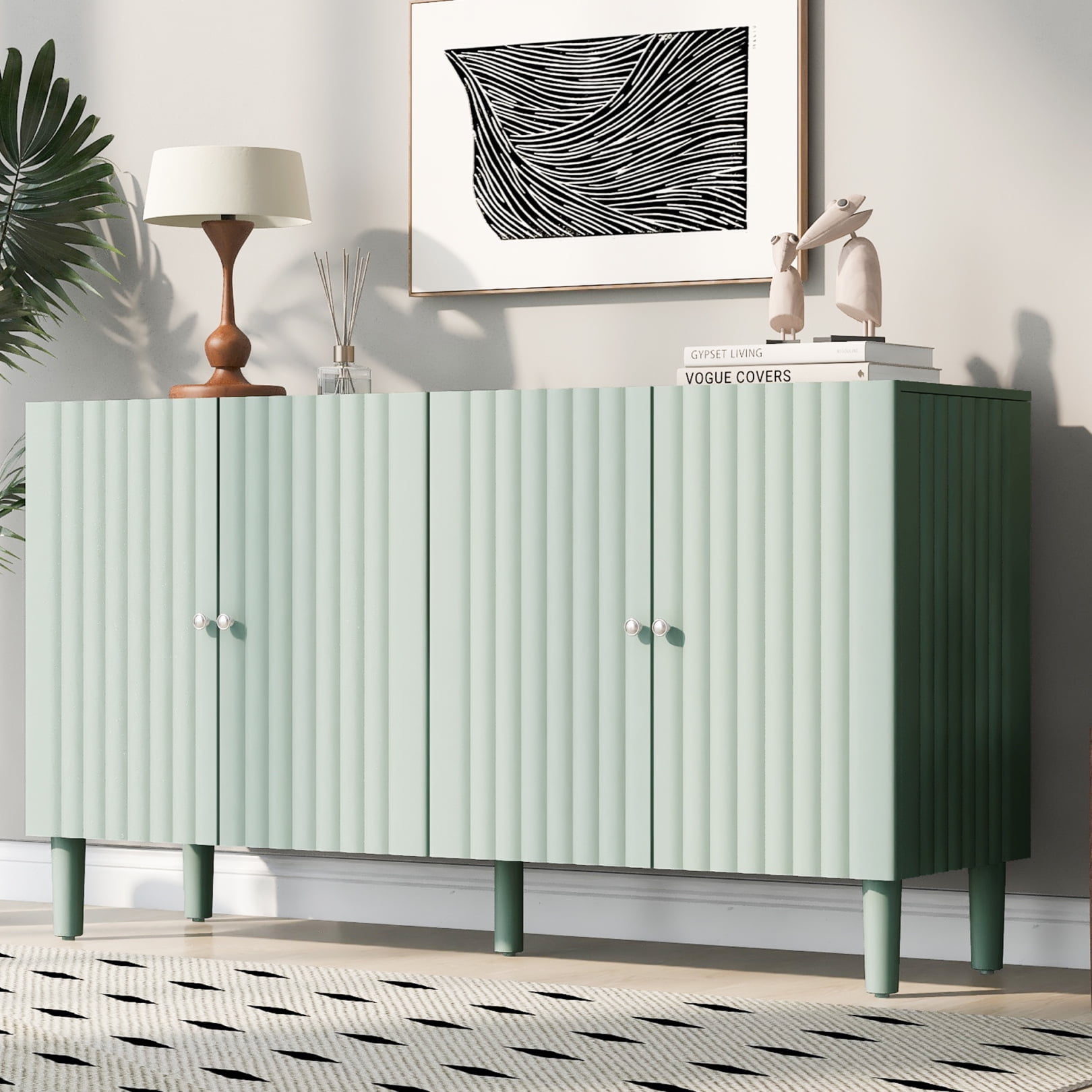 Elegant Sideboard with 4 Wavy Pattern Doors and Cylindrical Legs, 58 ...