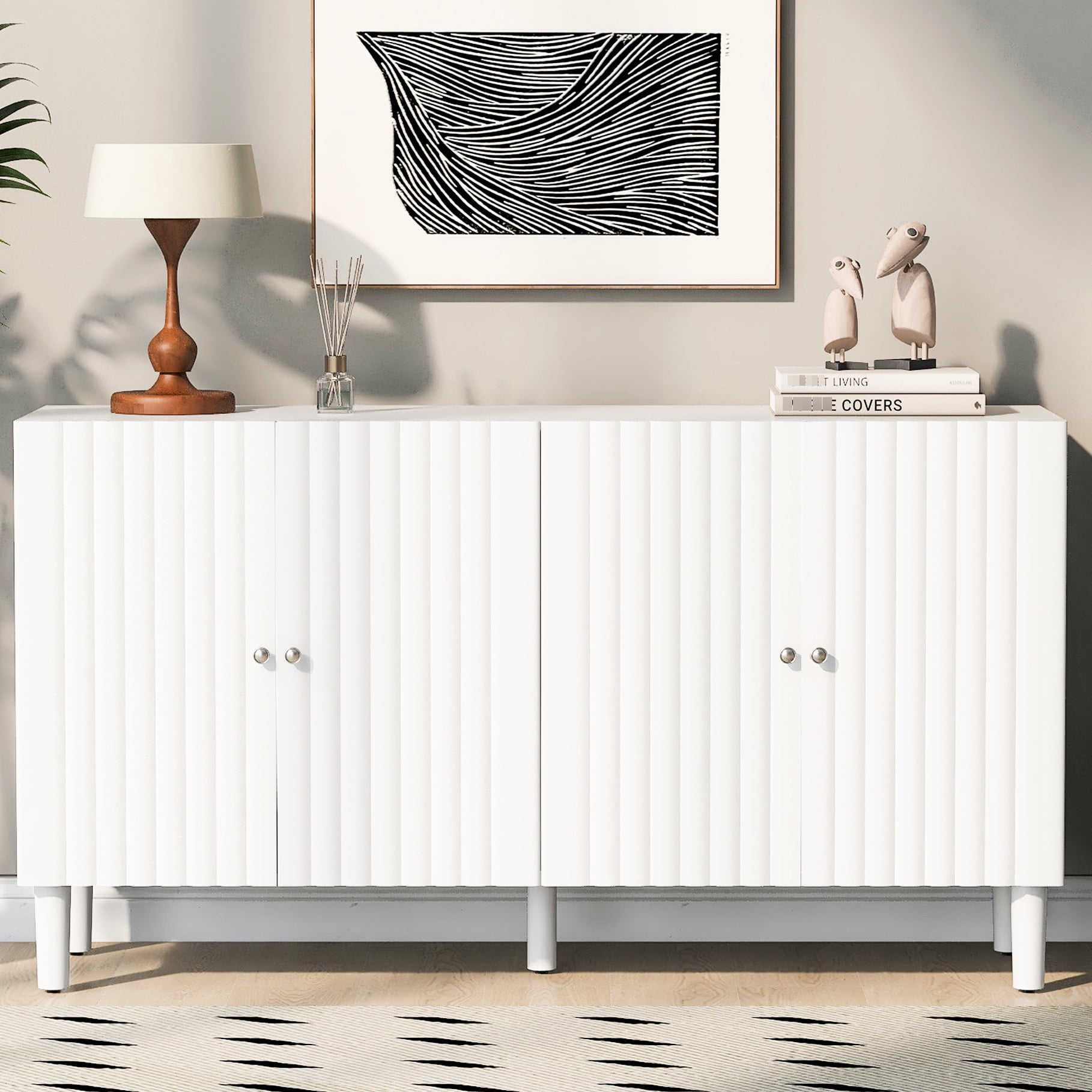Elegant Sideboard With Wavy Doors, Cylindrical Legs. Gorgeous Metal ...