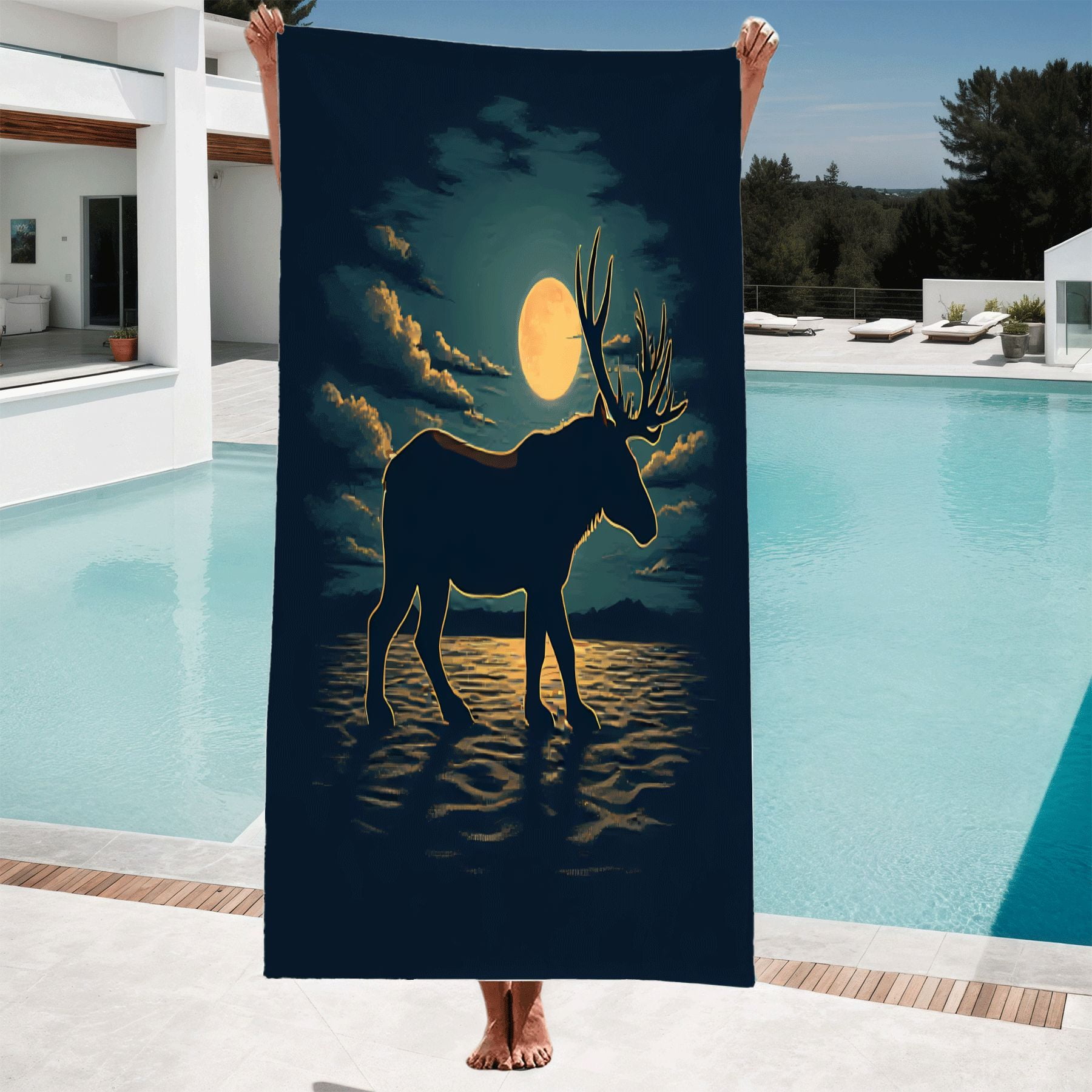 Elegant Silhouette Beach Towel - Reflective Night Sky Design with Moon ...
