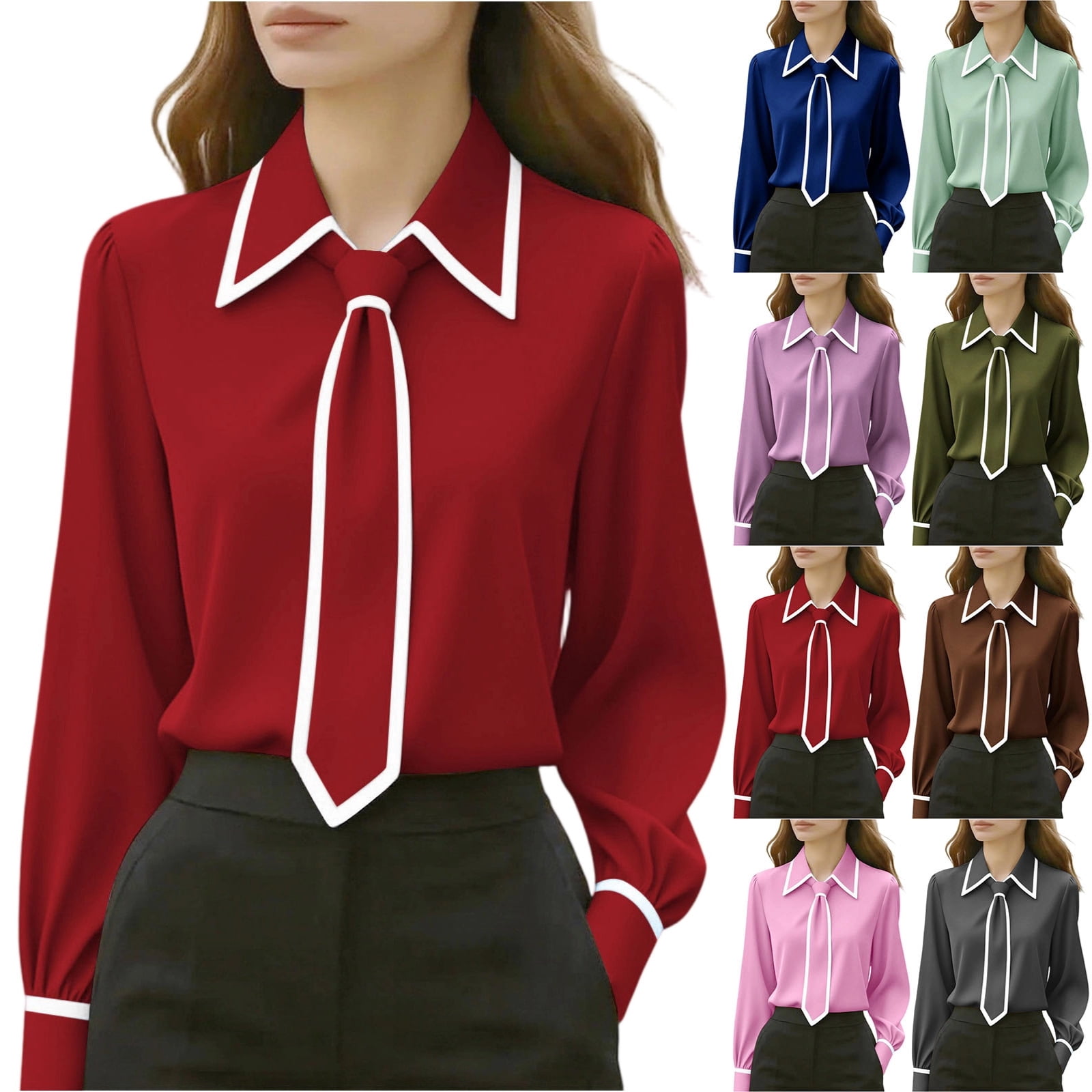 Elegant Silky Satin Blouses for Women Tie Neck Long Sleeve Lapel Collar ...