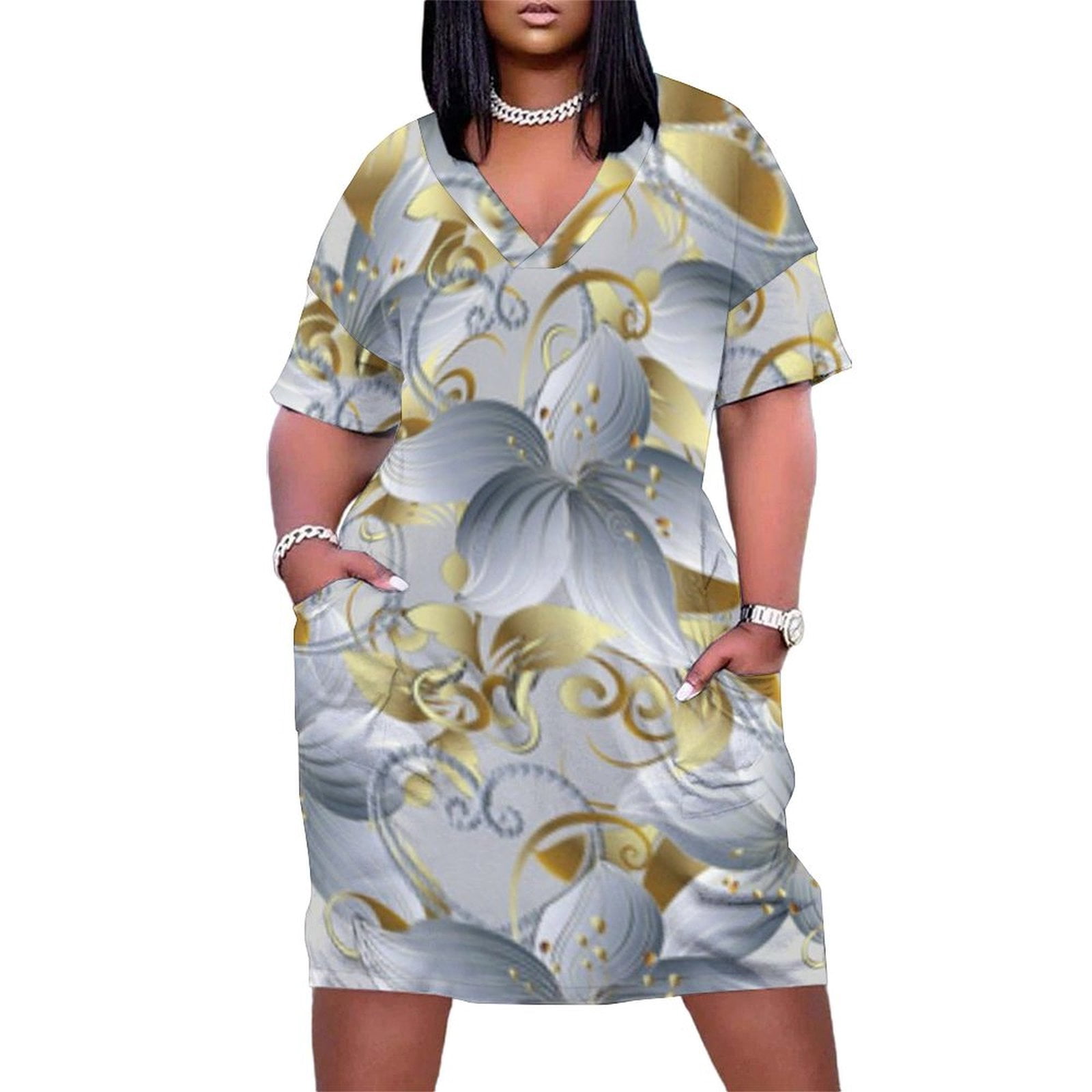 Elegant Silver Gold Lily Pattern Summer Dresses for Women Beach Boho ...