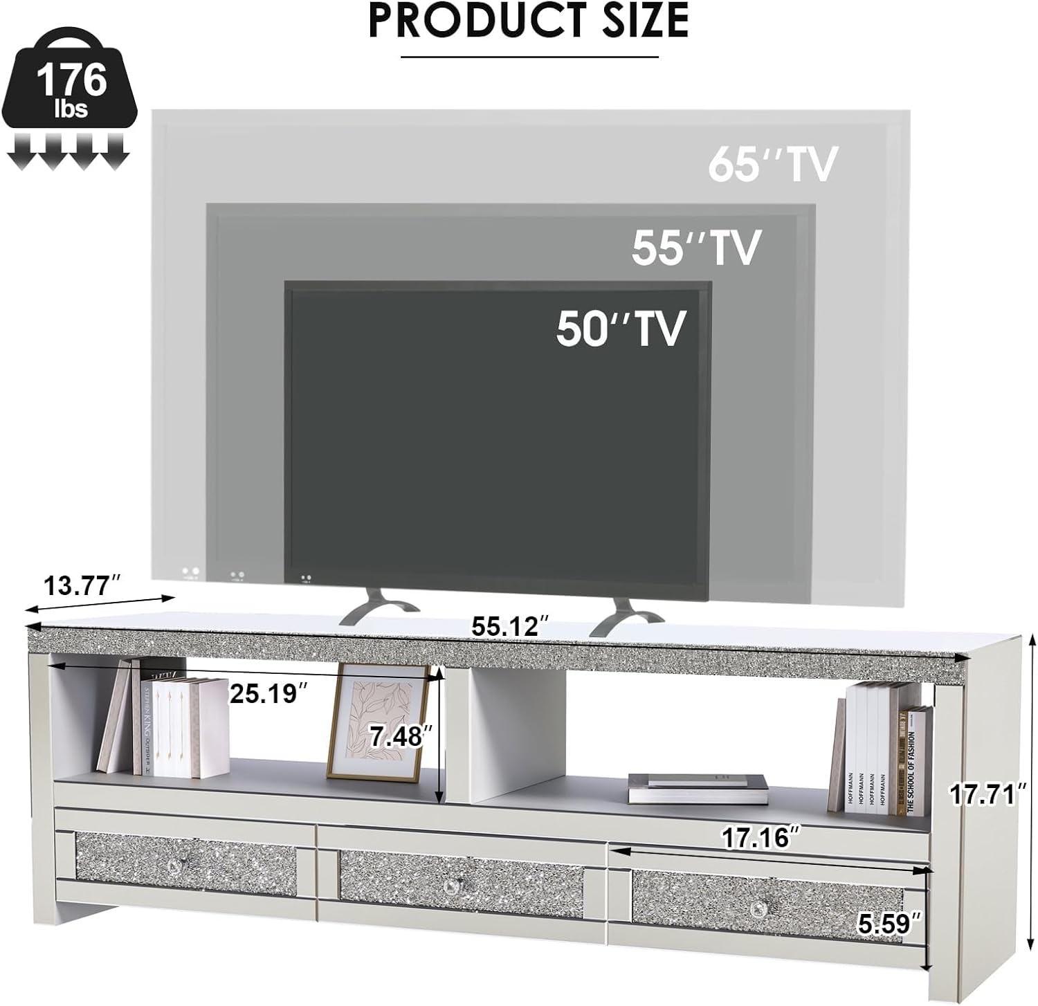 Elegant Silver Mirrored TV Stand for 65 Inch TVs with LED Lights ...