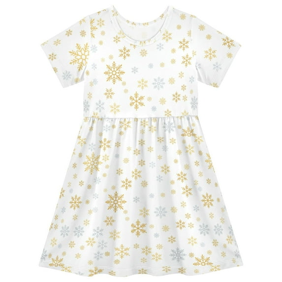 Elegant Silver and Gold Snowflakes Short Sleeve Dress A-Line Cute Midi ...