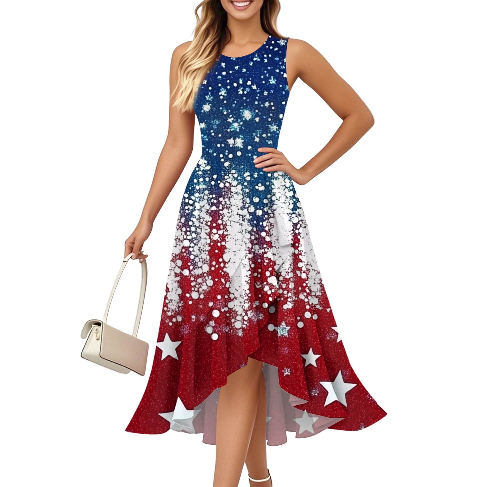 Elegant Sleeveless Ruffle Dress Round Neck Zip Front Patriotic Print ...