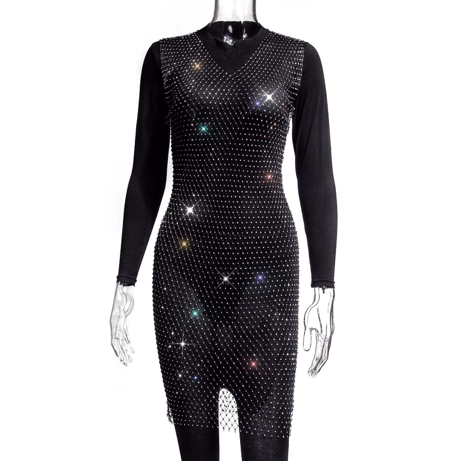 Elegant Sleeveless V Neck Dress Women's Glittering Mesh Sheer Overlay ...