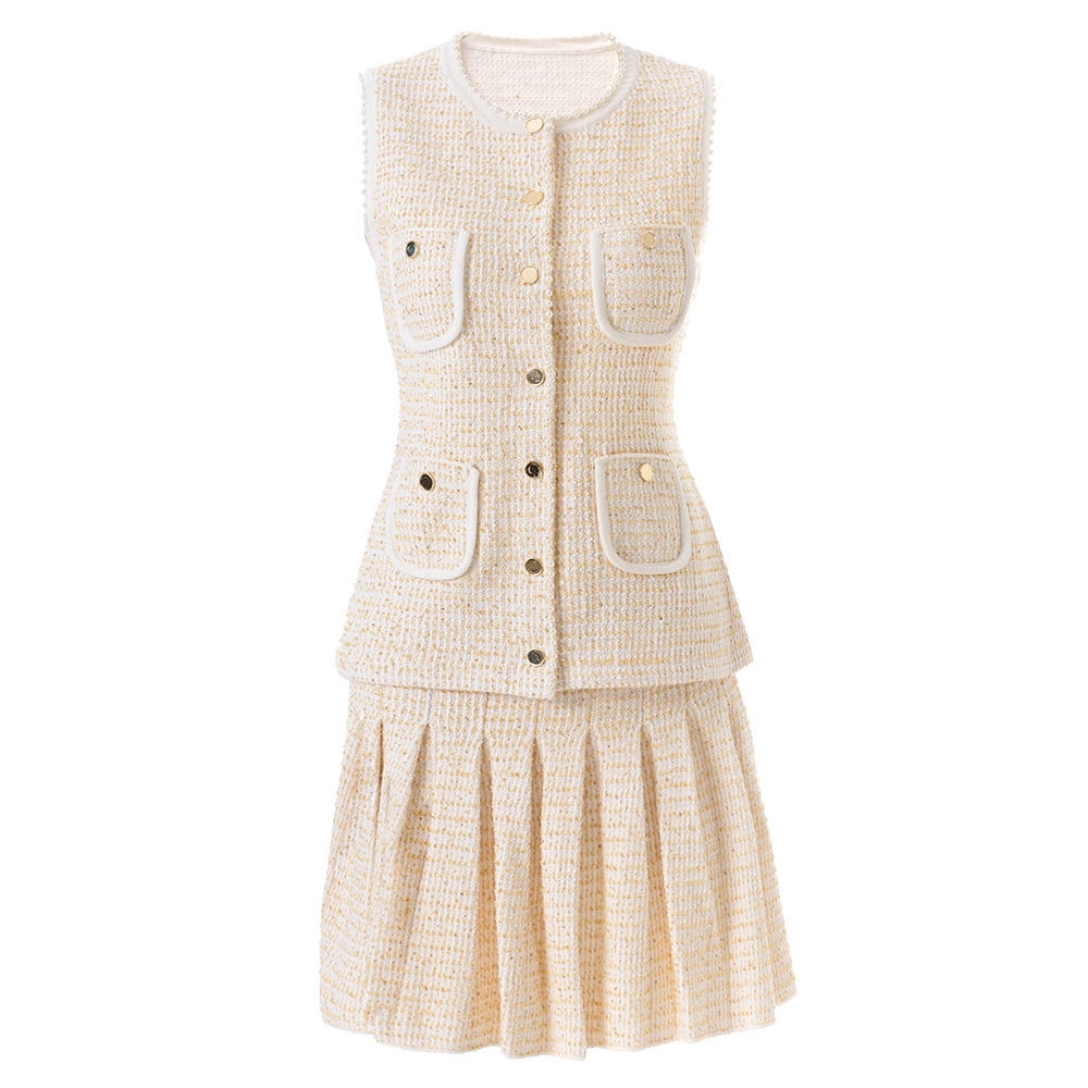 Elegant Sleeveless Vest and Pleated Skirt Set Two-Piece Pearl Trim ...