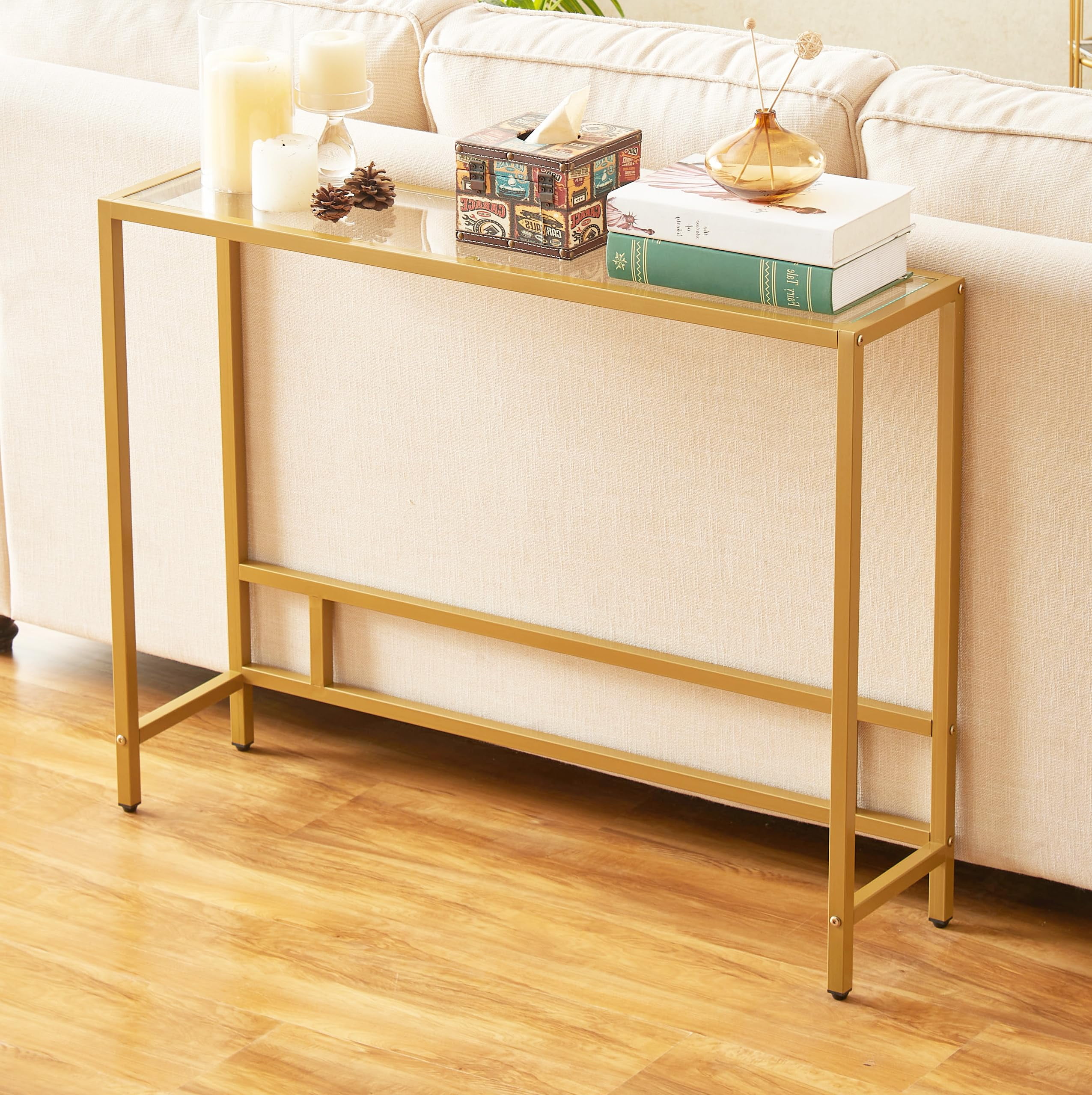 Elegant Small Console Table with Tempered Glass, Golden Metal Frame for ...