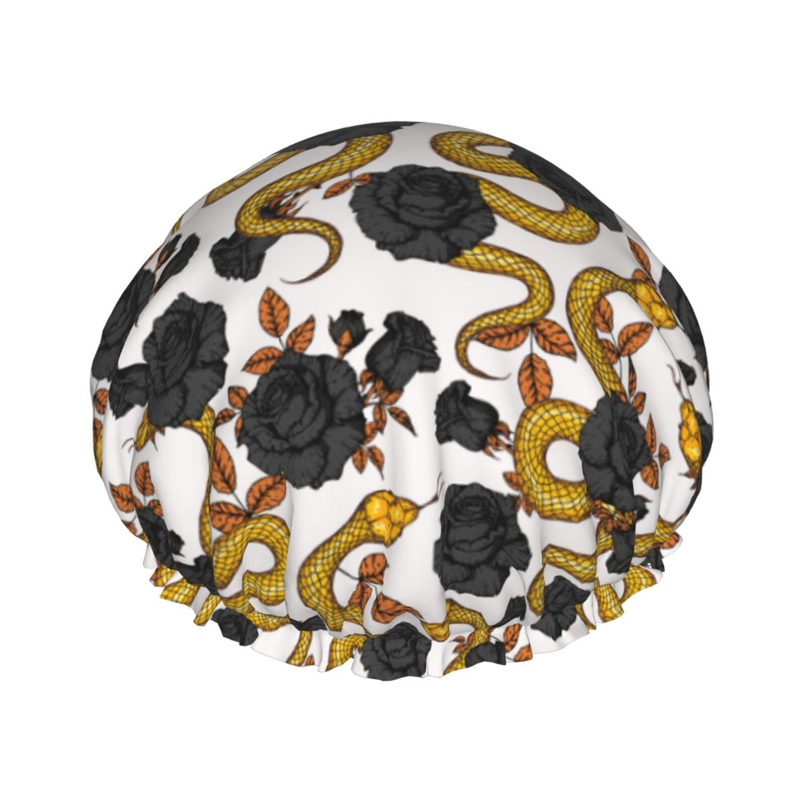 Elegant Snake Golden Flower Black Shower Cap, Reusable Bath Hair Hat ...