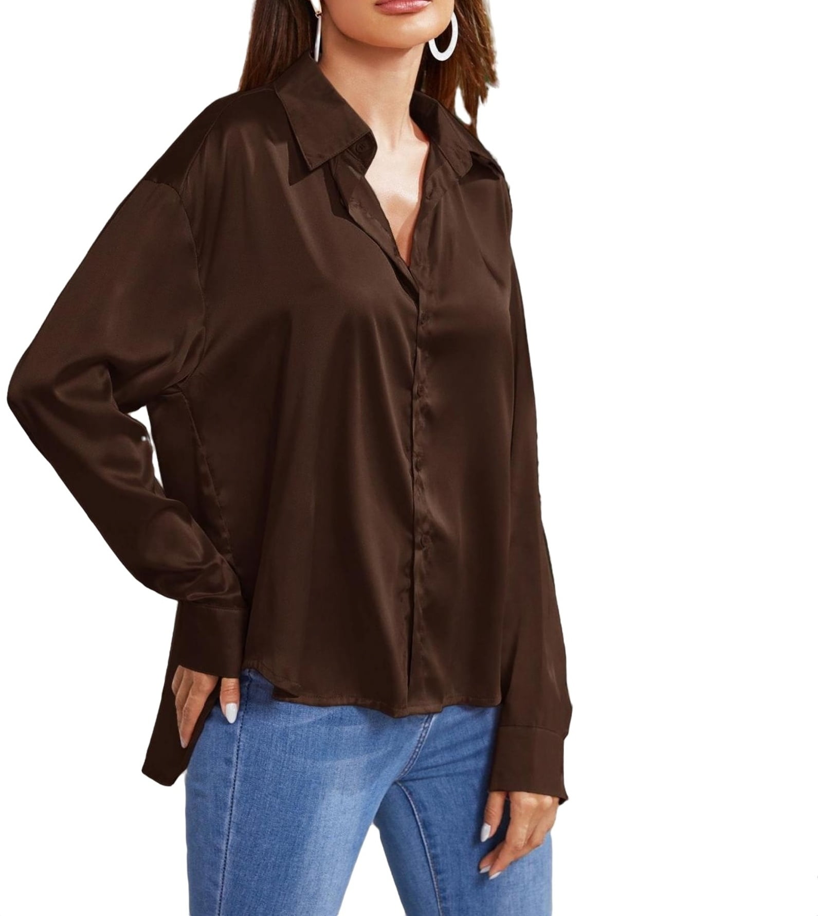 Elegant Solid Collar Shirt Long Sleeve Chocolate Brown Women Blouses ...
