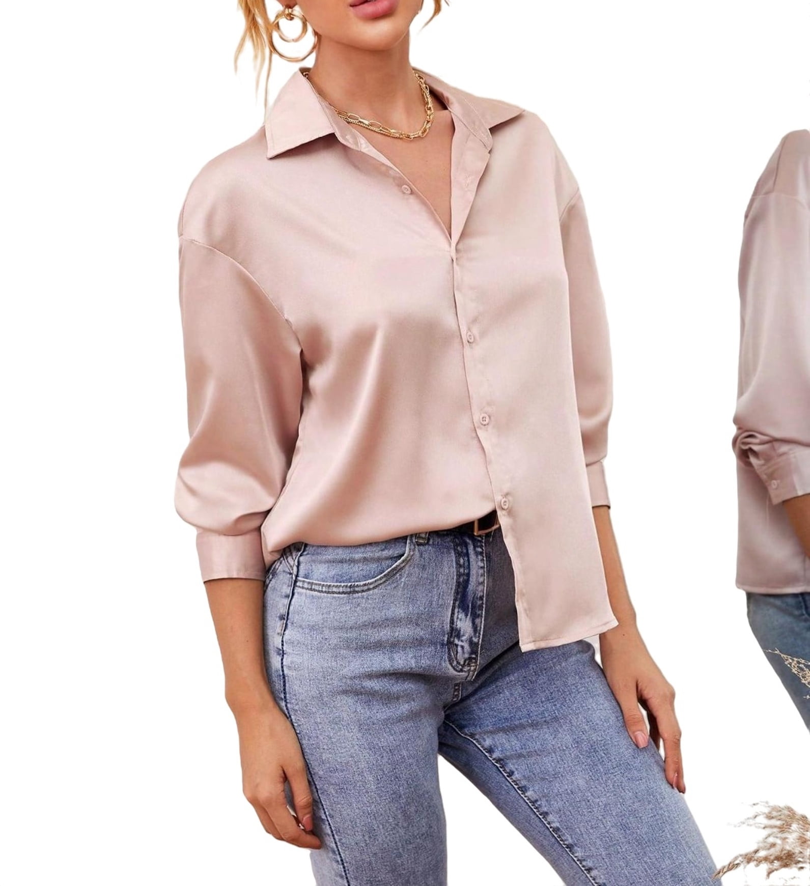 Elegant Solid Collar Shirt Long Sleeve Dusty Pink Women Blouses (Women ...