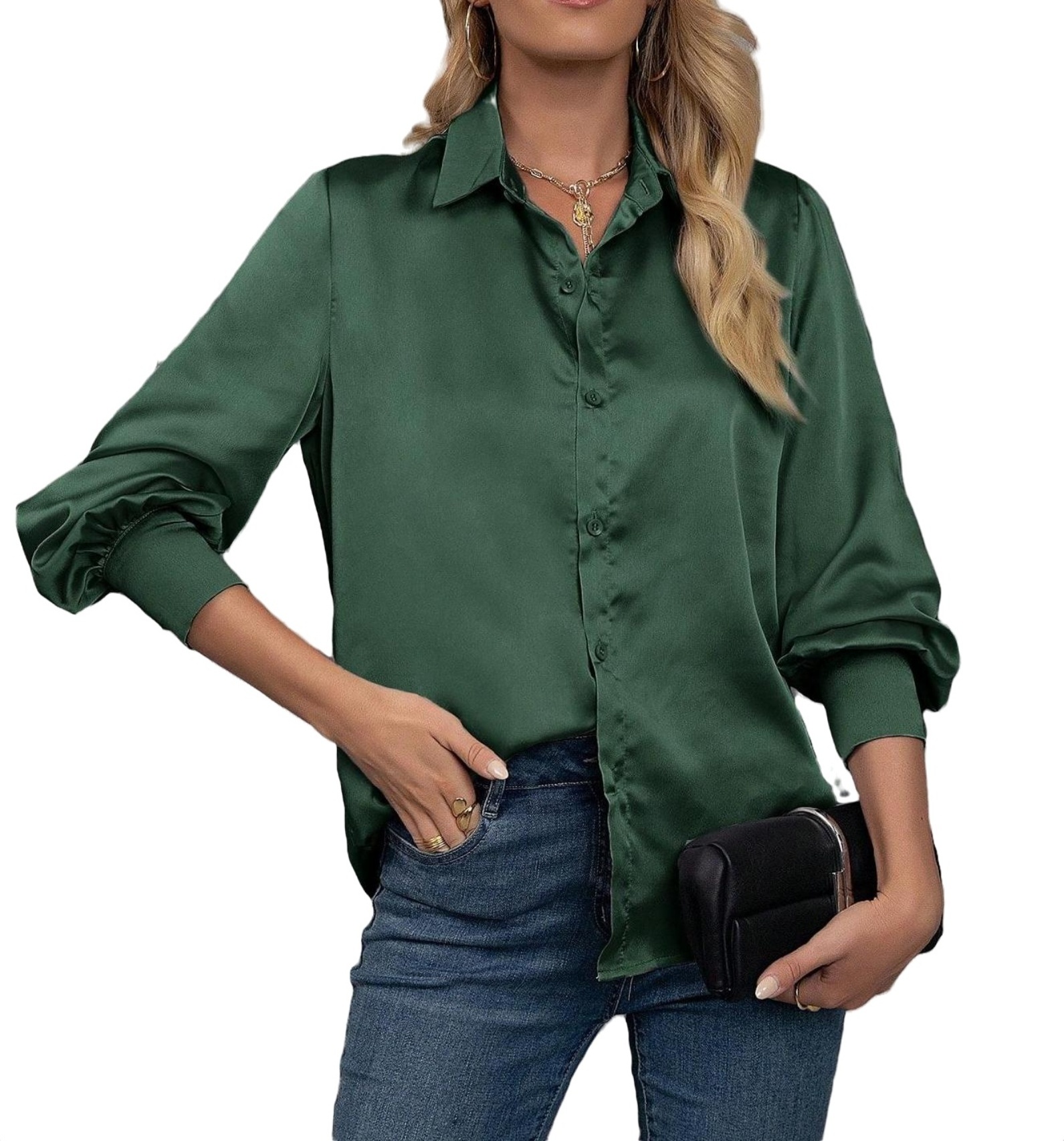 Elegant Solid Collar Shirt Long Sleeve Green Women Blouses (Women's ...