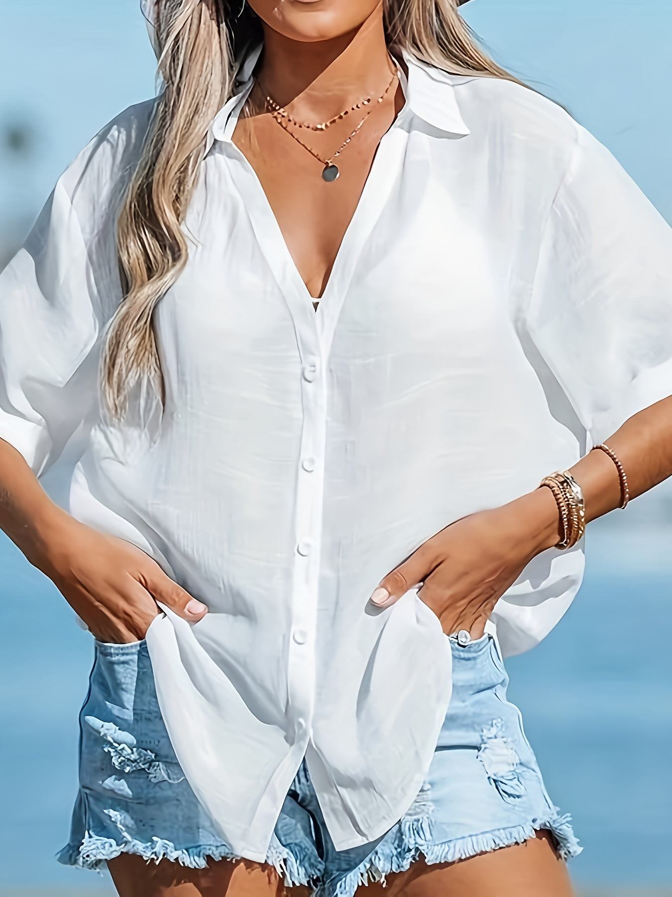 Elegant Solid Color Blouse with Notched Collar - Durable, Perfect for ...