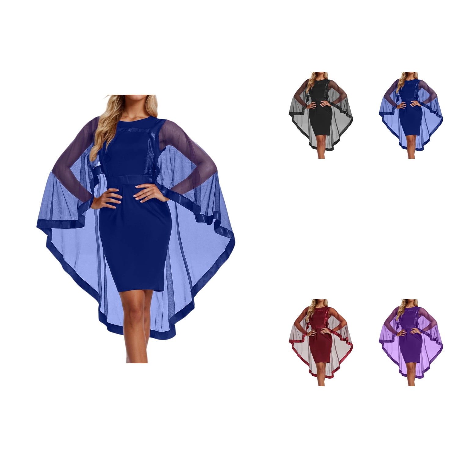 Elegant Solid Color Casual Dress with Sheer Cape Sleeves, Bodycon Fit ...