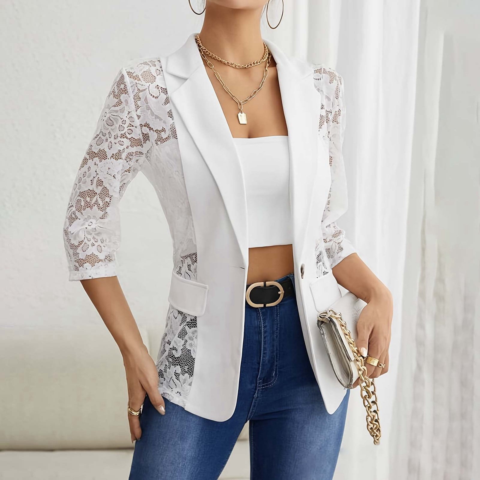 Elegant Solid Color Fashion Lace Spliced Women's Jacket Top For Stylish ...