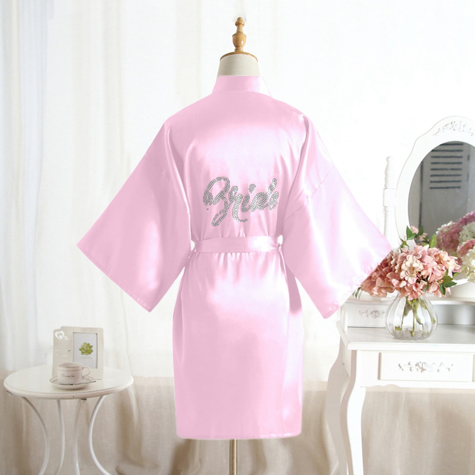 Elegant Solid Color Rhinestone Bride Bathrobe For Women Silk Like ...