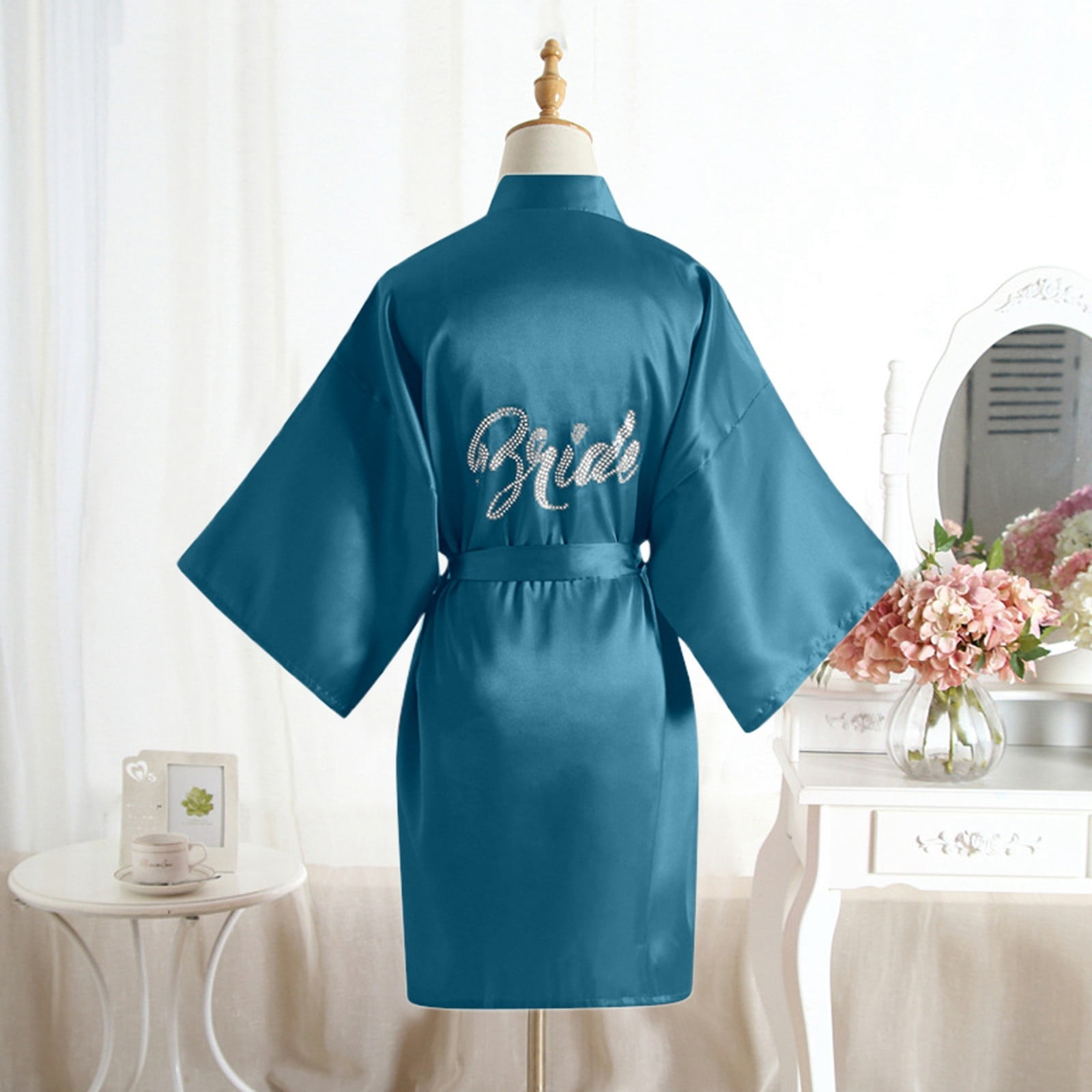 Elegant Solid Color Rhinestone Bride Bathrobe For Women Silk Like ...