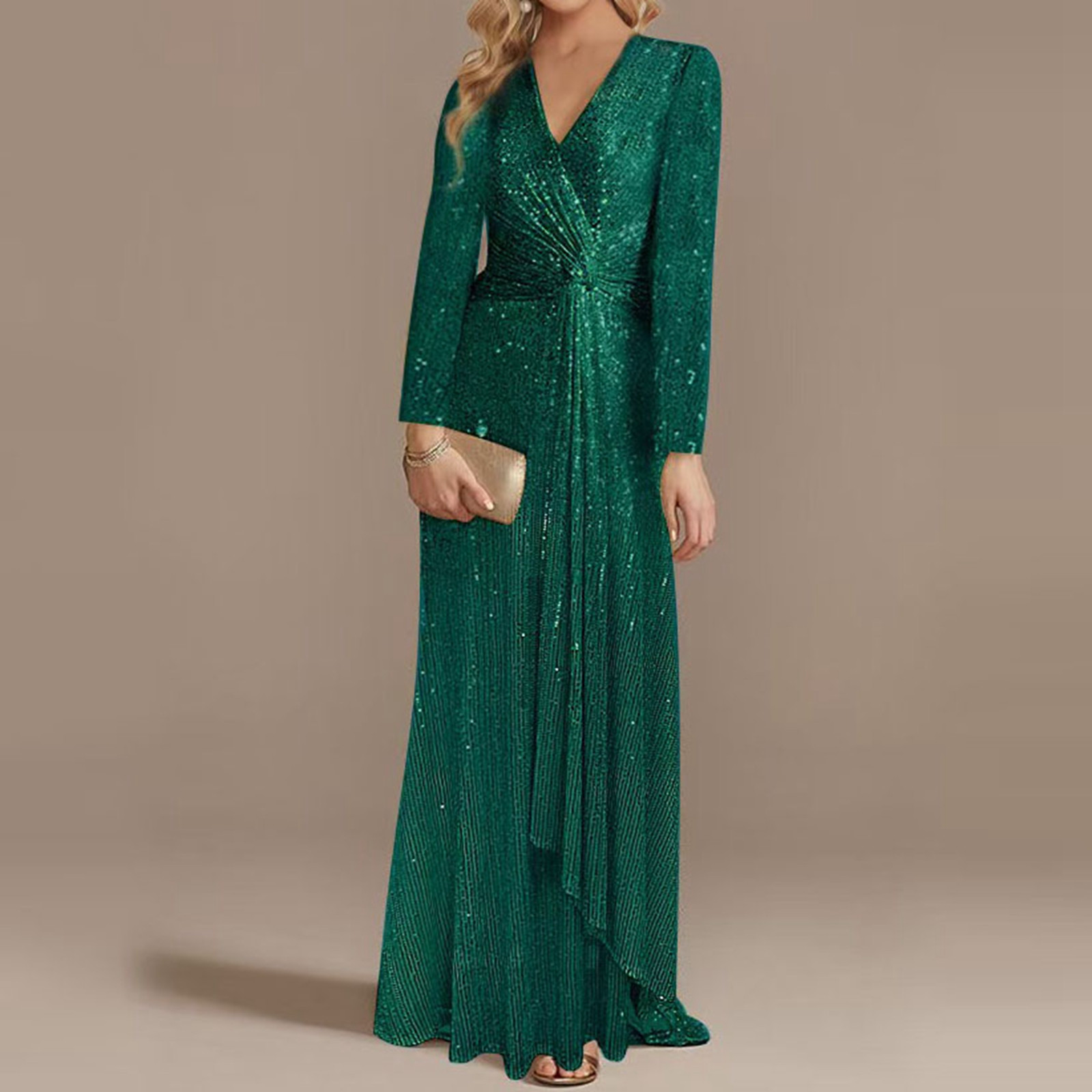 Elegant Solid Color Sequin Long Sleeve Evening Gown For Ladies Party ...