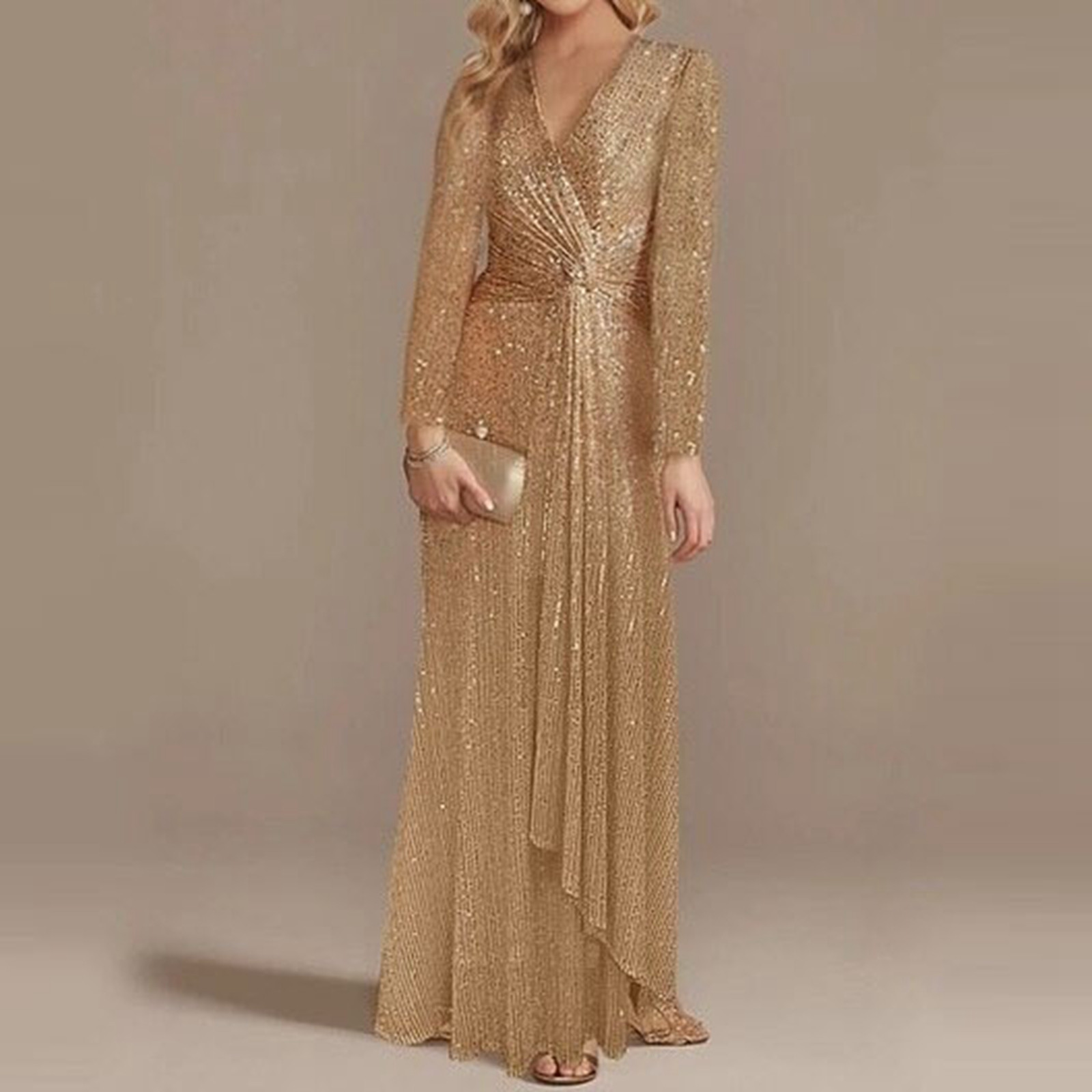 Elegant Solid Color Sequin Long Sleeve Evening Gown For Ladies Party ...