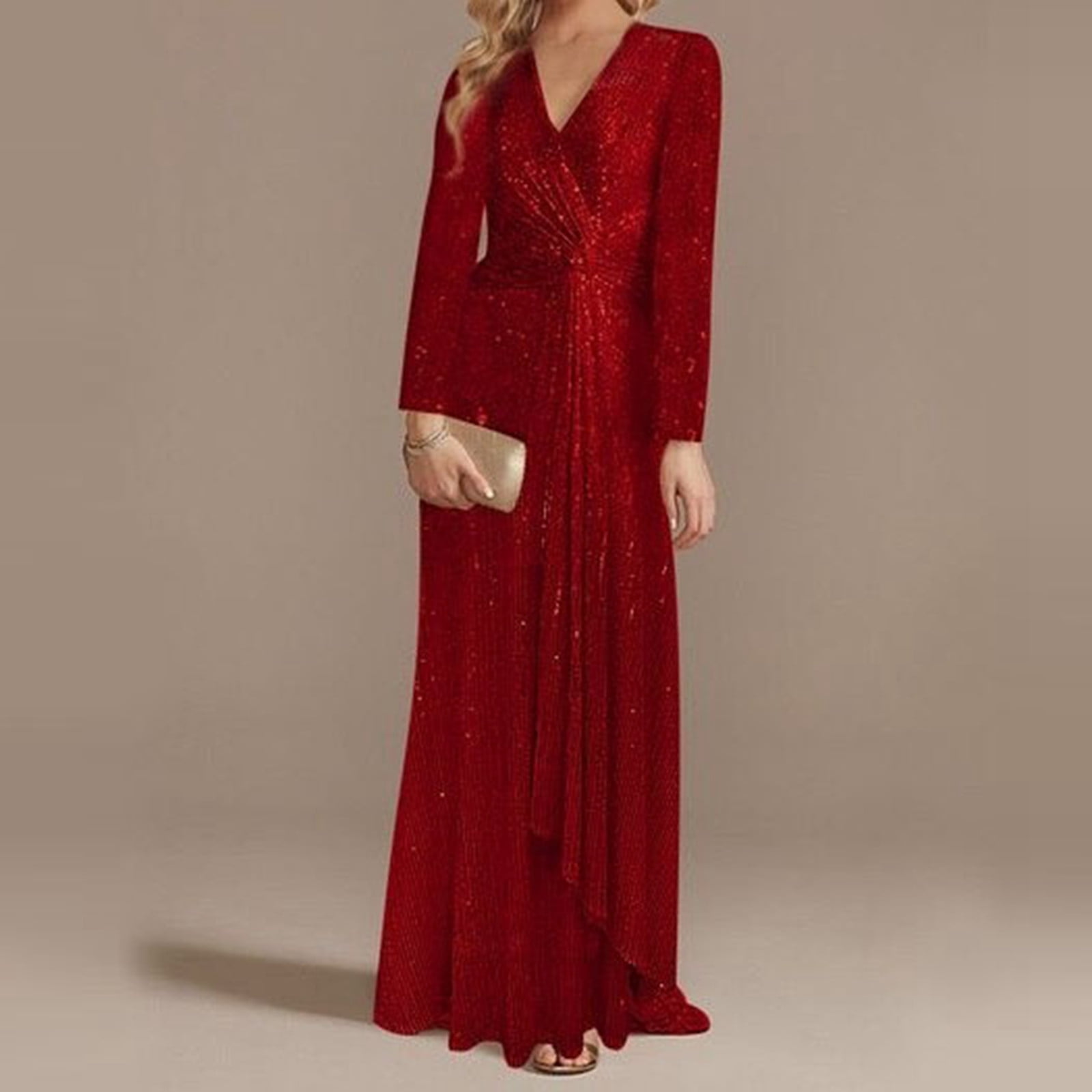 Elegant Solid Color Sequin Long Sleeve Evening Gown For Ladies Party ...
