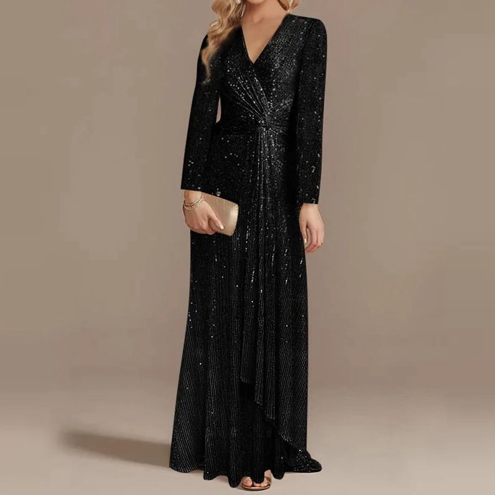 Elegant Solid Color Sequin Long Sleeve Evening Gown For Ladies Party ...