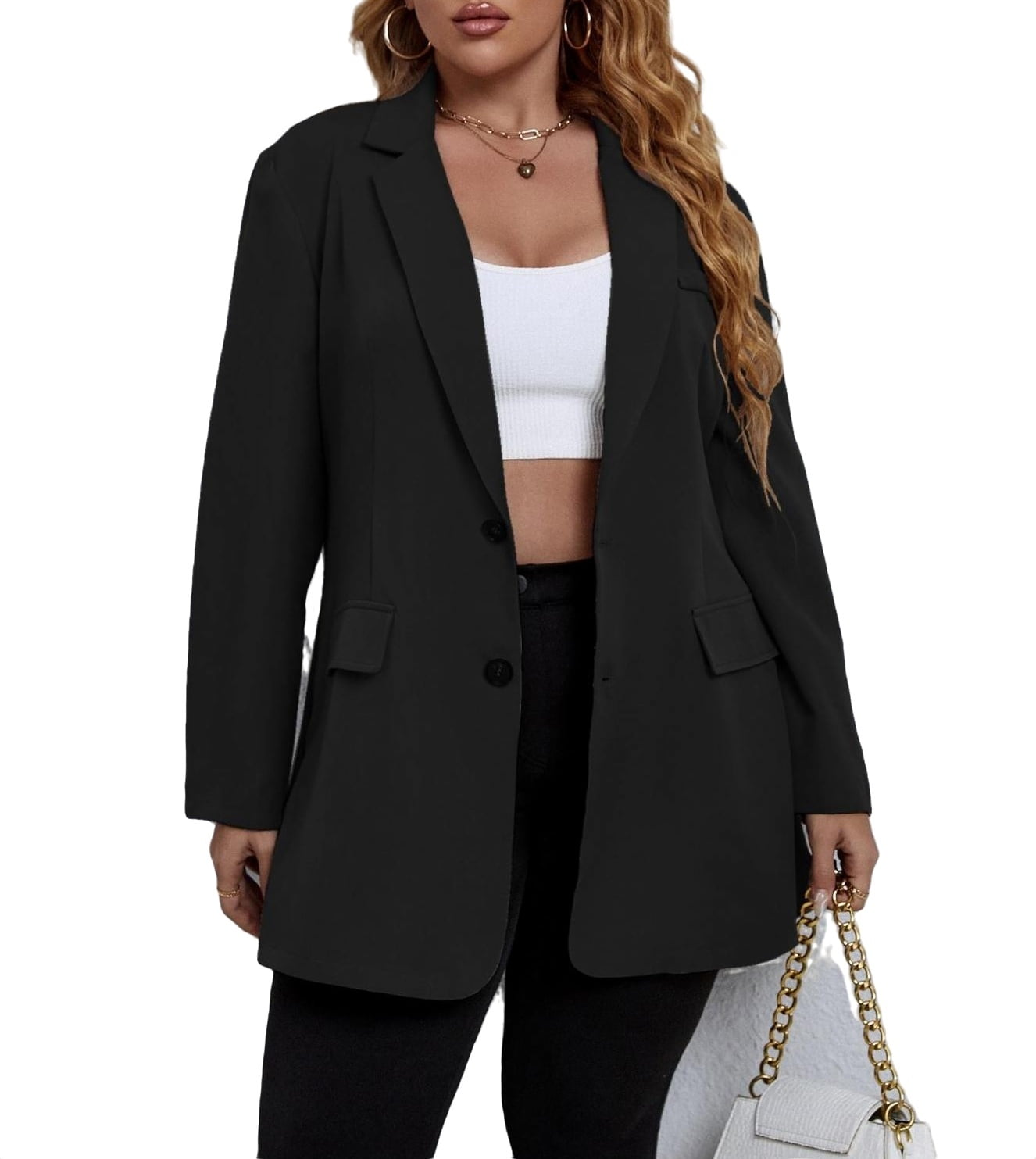 Elegant Solid Lapel Neck Regular Long Sleeve Black Plus Size Blazers ...