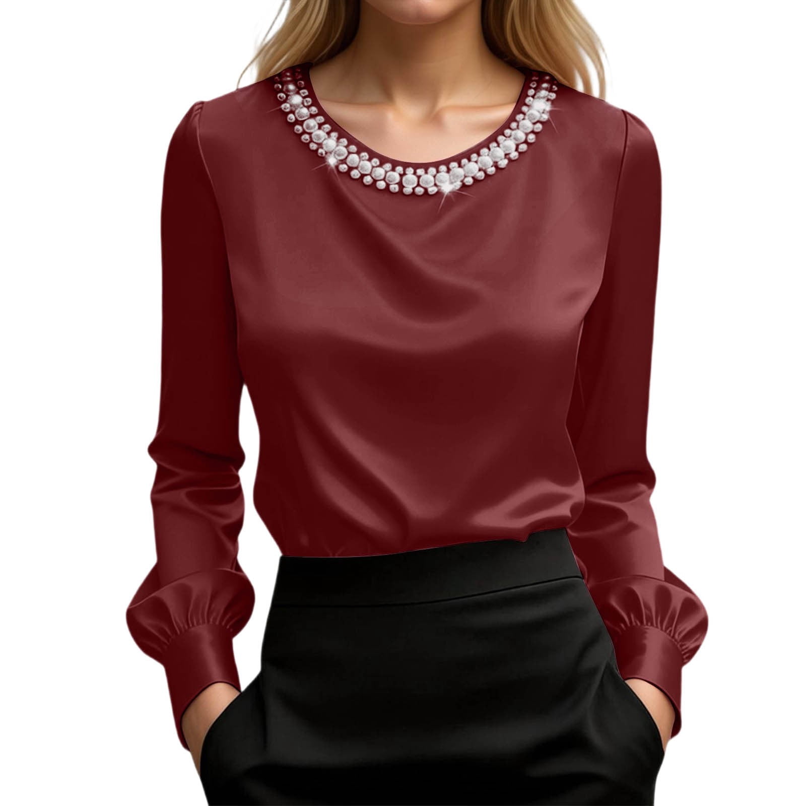 Elegant Solid Long Sleeve Satin Finish T Shirt With Pearl Embellishment ...