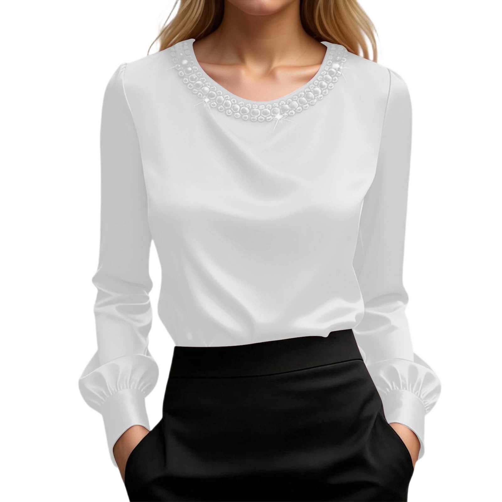 Elegant Solid Long Sleeve Satin Finish T Shirt With Pearl Embellishment ...