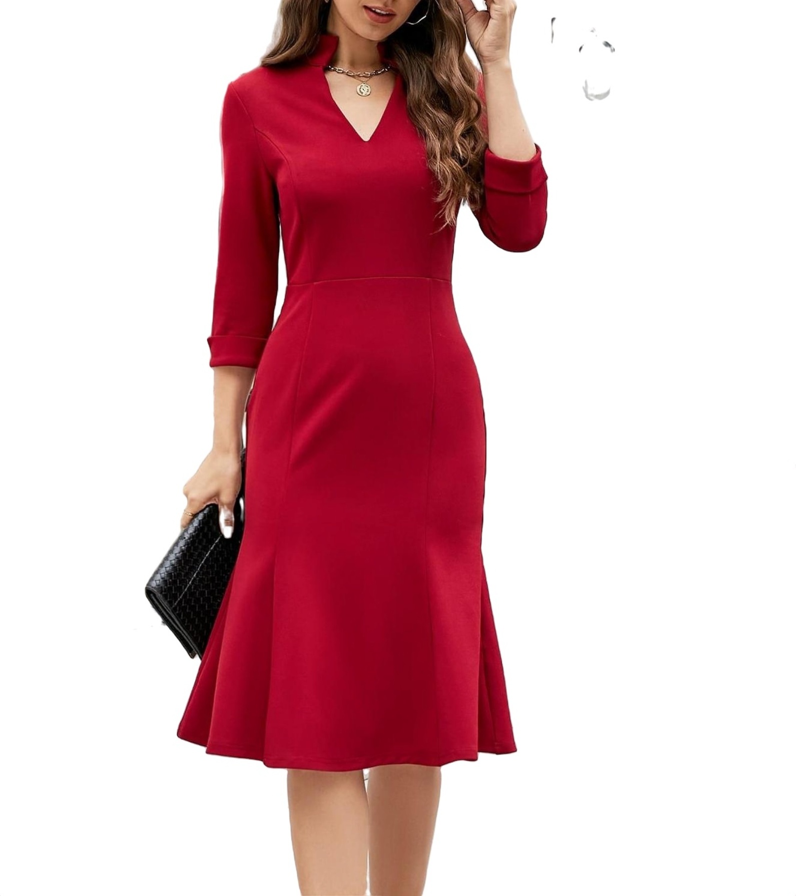 Elegant Solid Notched Neck Fitted Dresses 3/4 Sleeve Burgundy Women ...