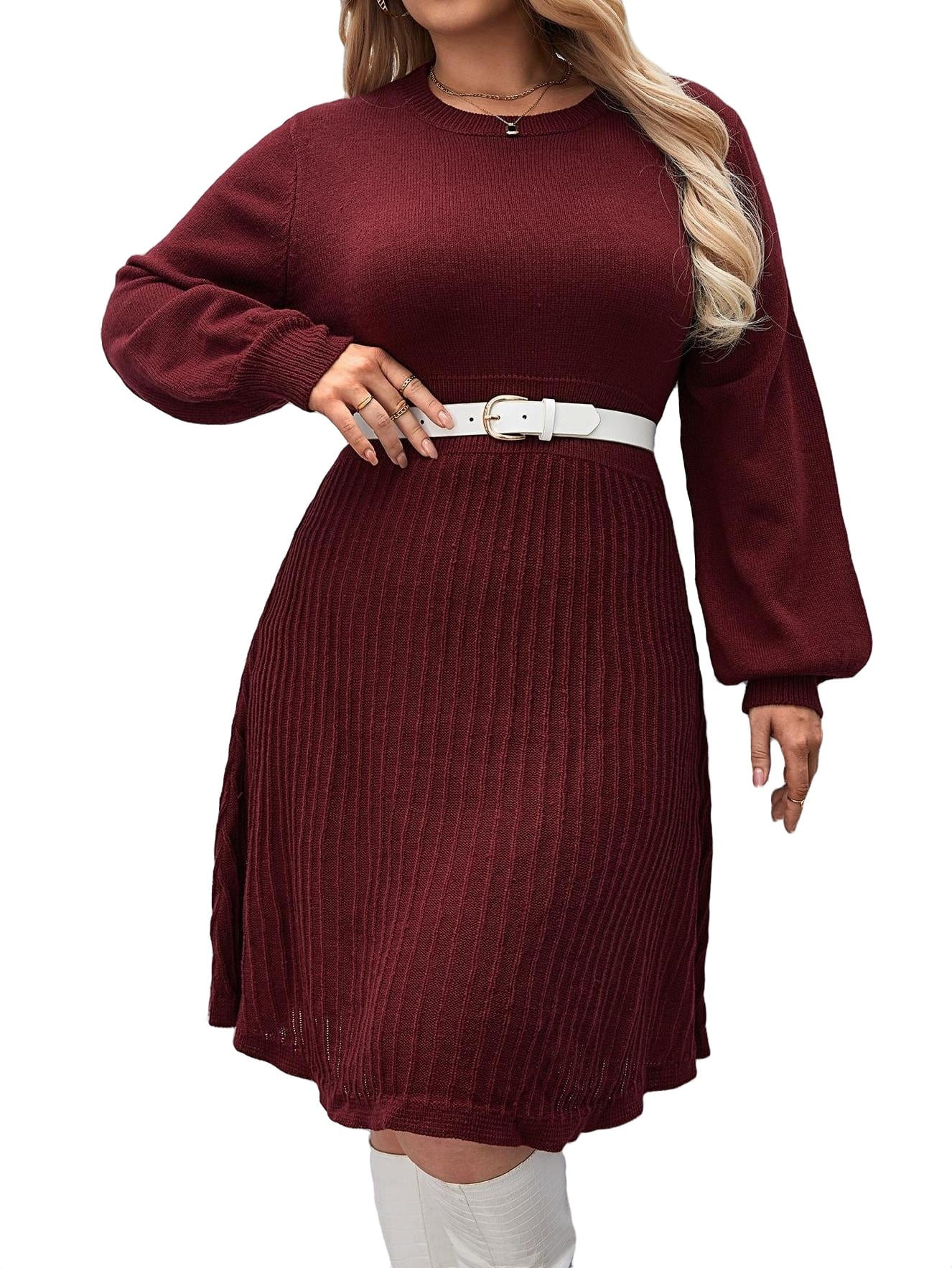 Elegant Solid Round Neck Long Sleeve Maroon Plus Size Sweater Dresses ...