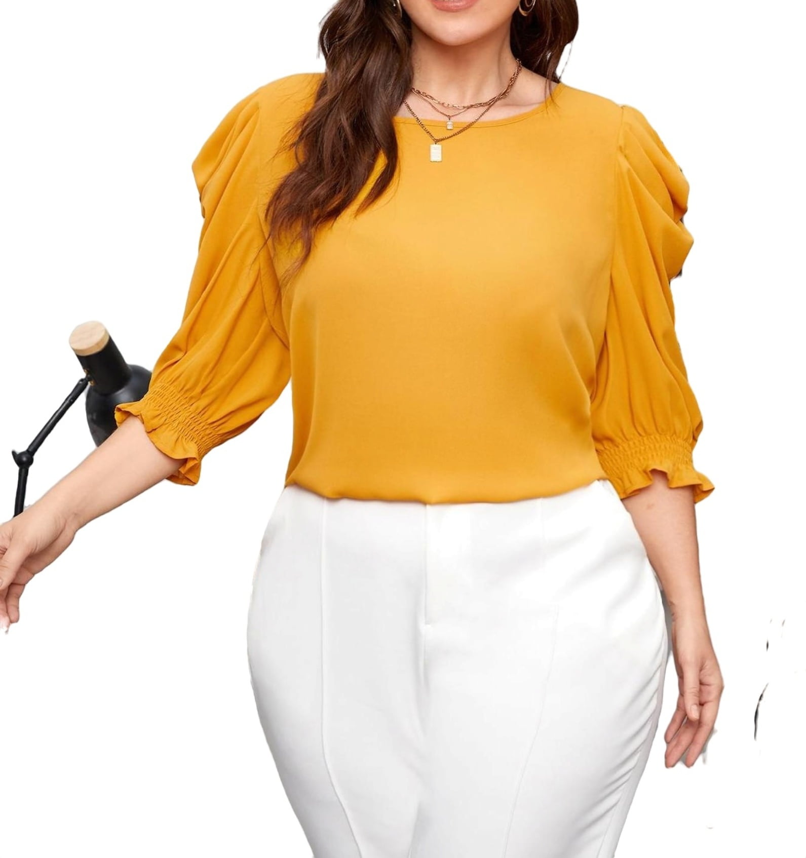 Elegant Solid Round Neck Top 3/4 Sleeve Mustard Yellow Plus Size ...