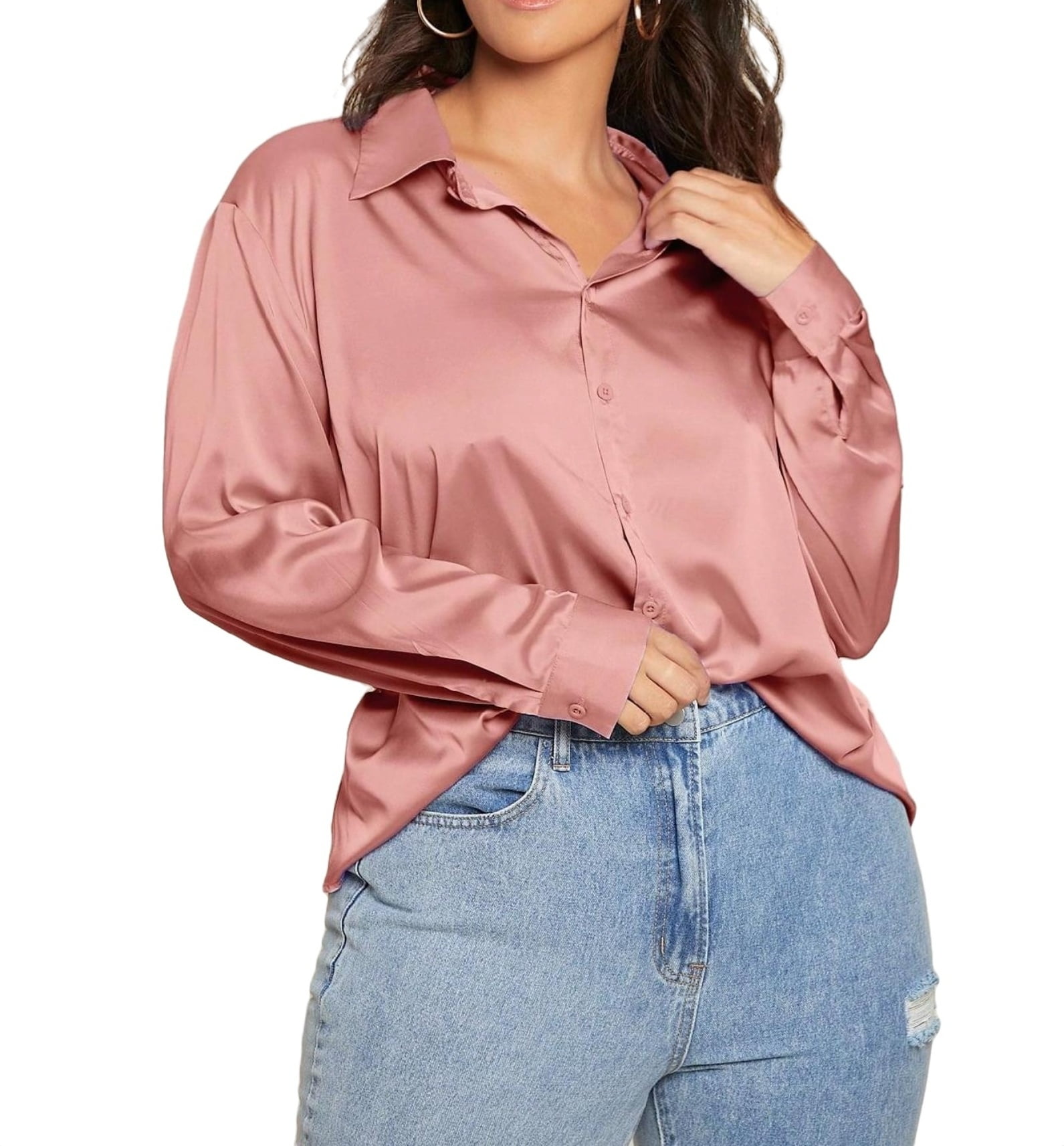 Elegant Solid Shirt Long Sleeve Dusty Pink Plus Size Blouses (Women's ...