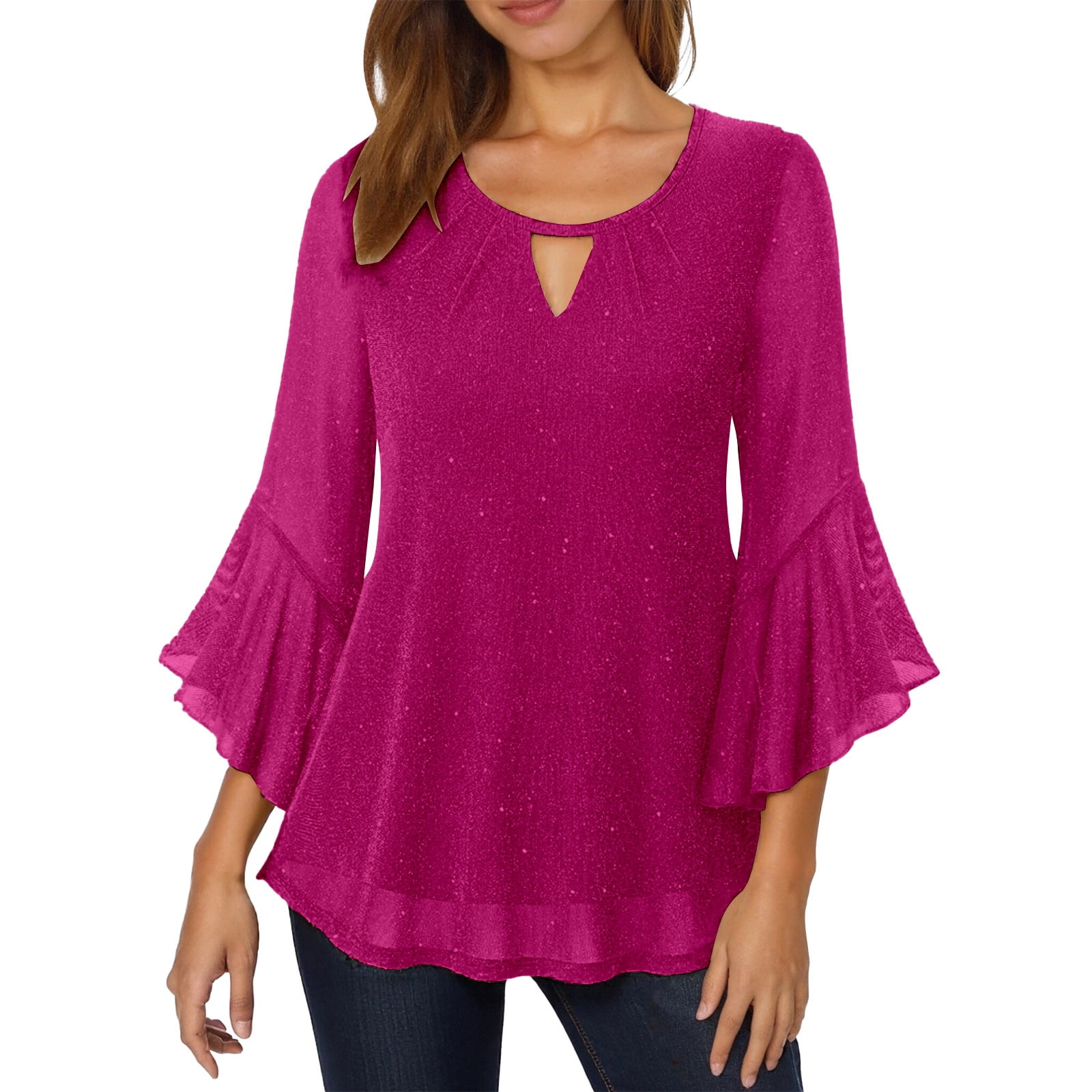 Elegant Sparkling Gold Double Layer Mesh Blouse With Ruffle Hem For ...
